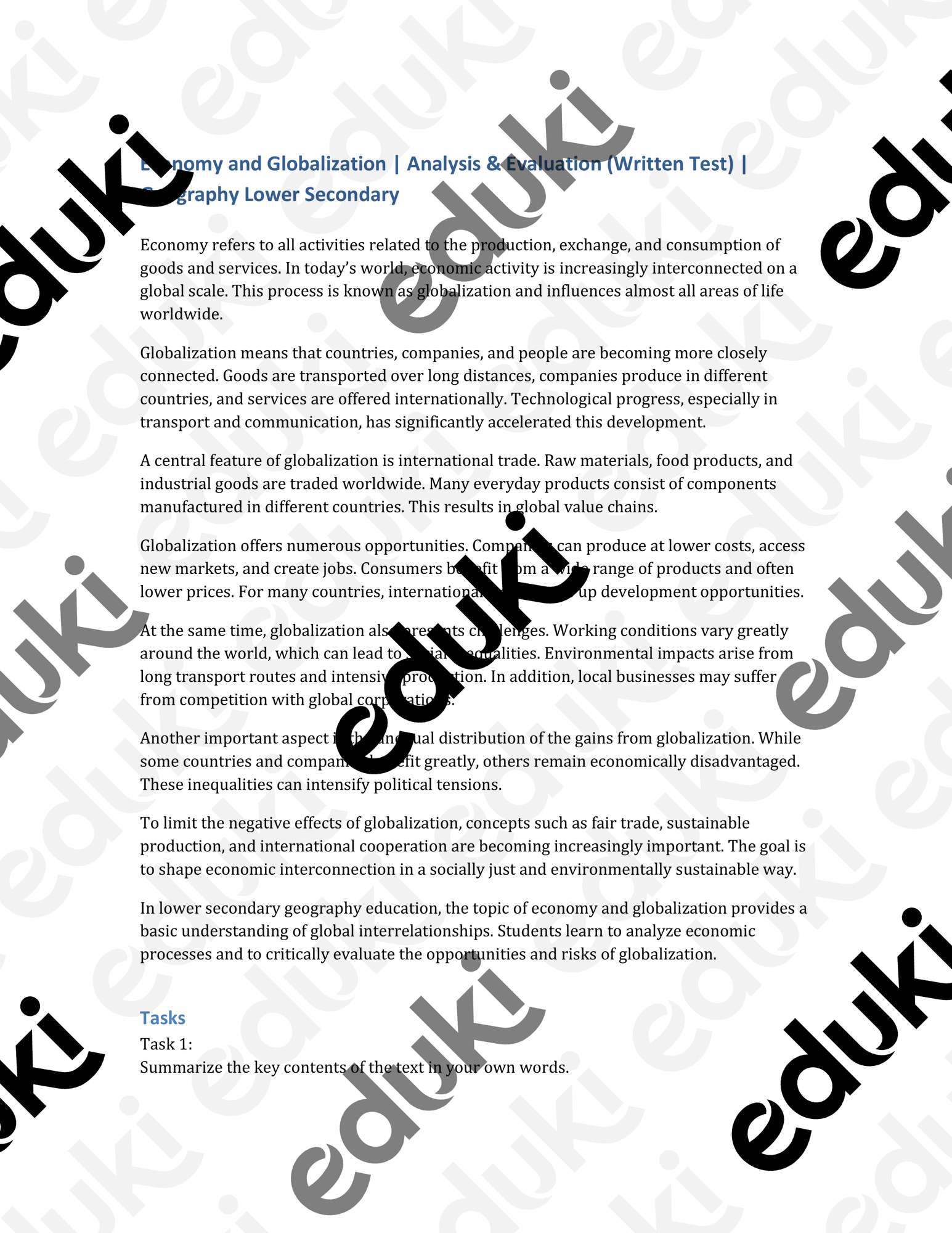 Economy and Globalization | Geography Assessment SEK I ...