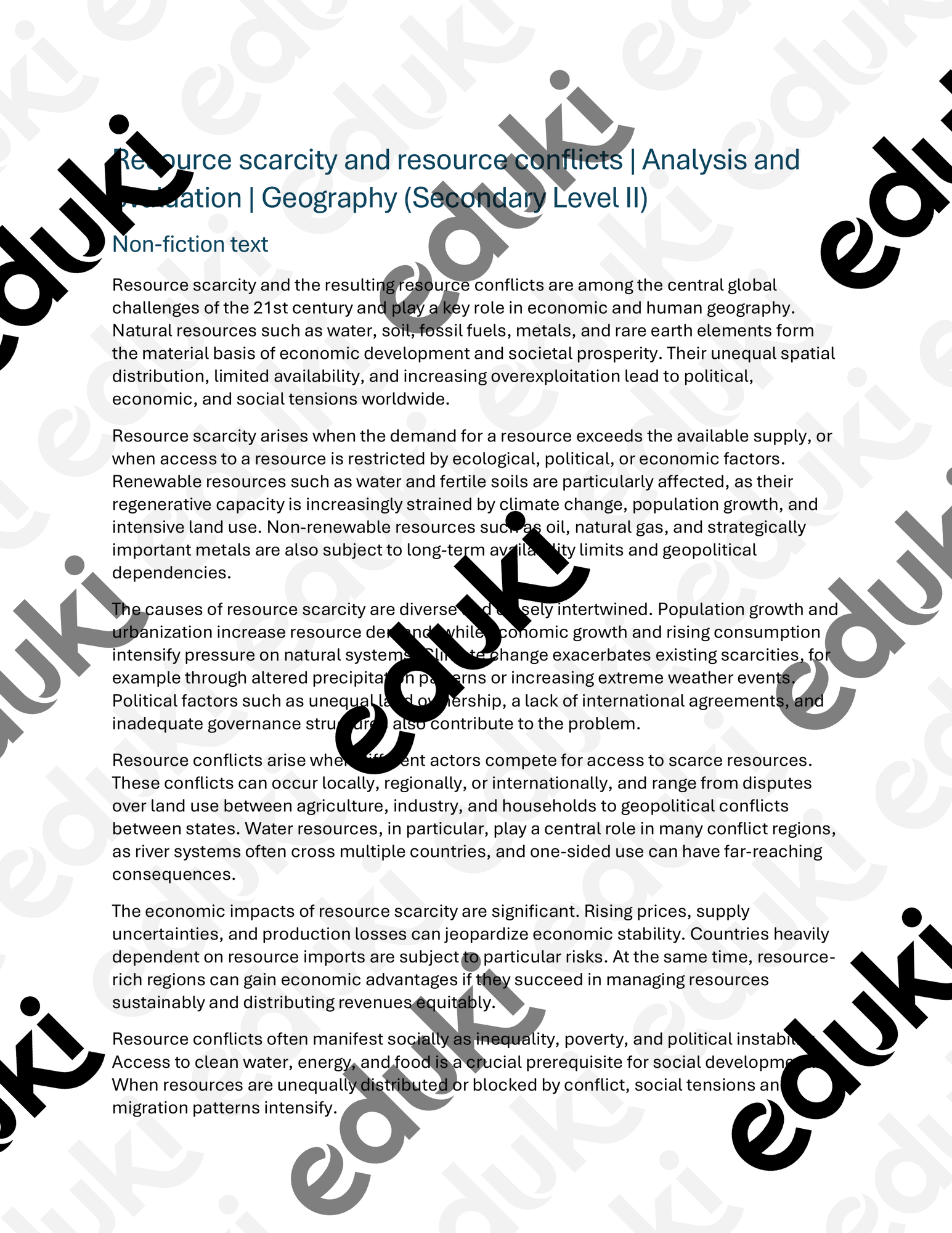 Resource Scarcity and Resource Conflicts | Geography Upper Secondary – Unterrichtsmaterial im ...