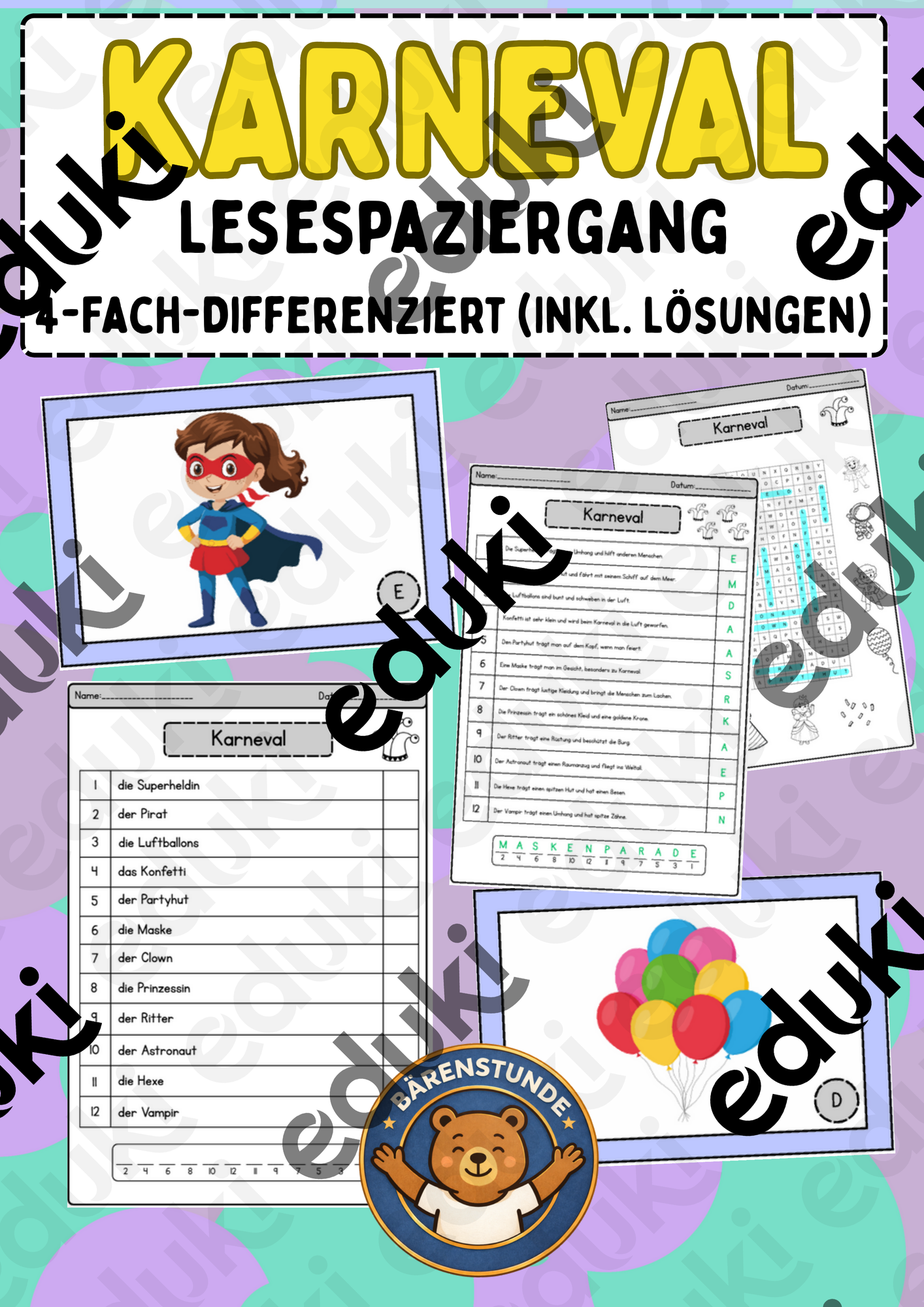 Karneval / Fasching: Lesespaziergang (4-fach-differenziert, inkl ...