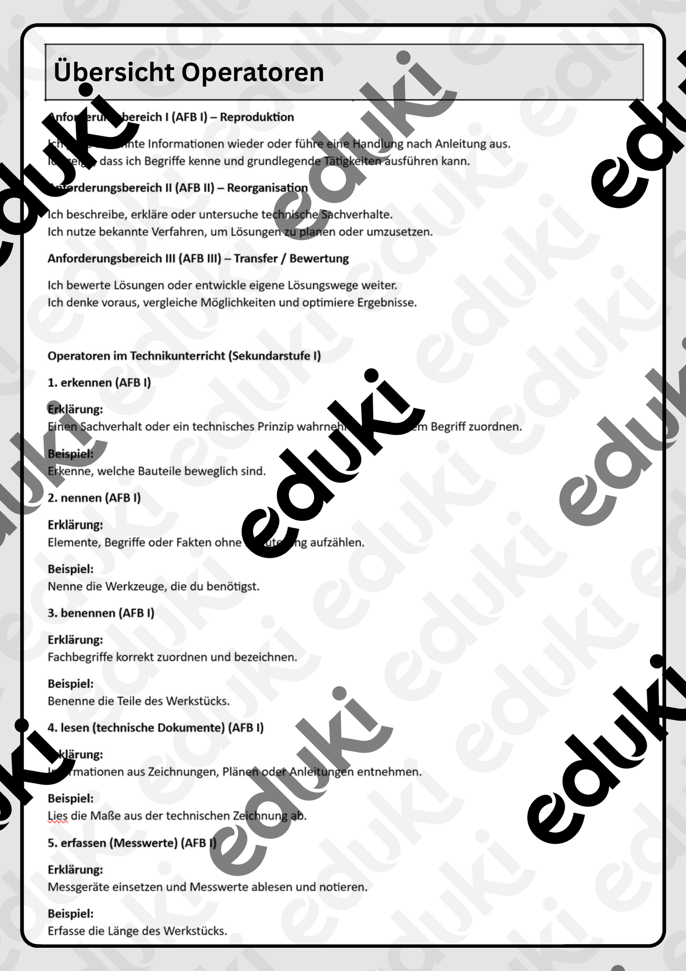 Übersicht Operatorentraining Technik – Unterrichtsmaterial im Fach Technik