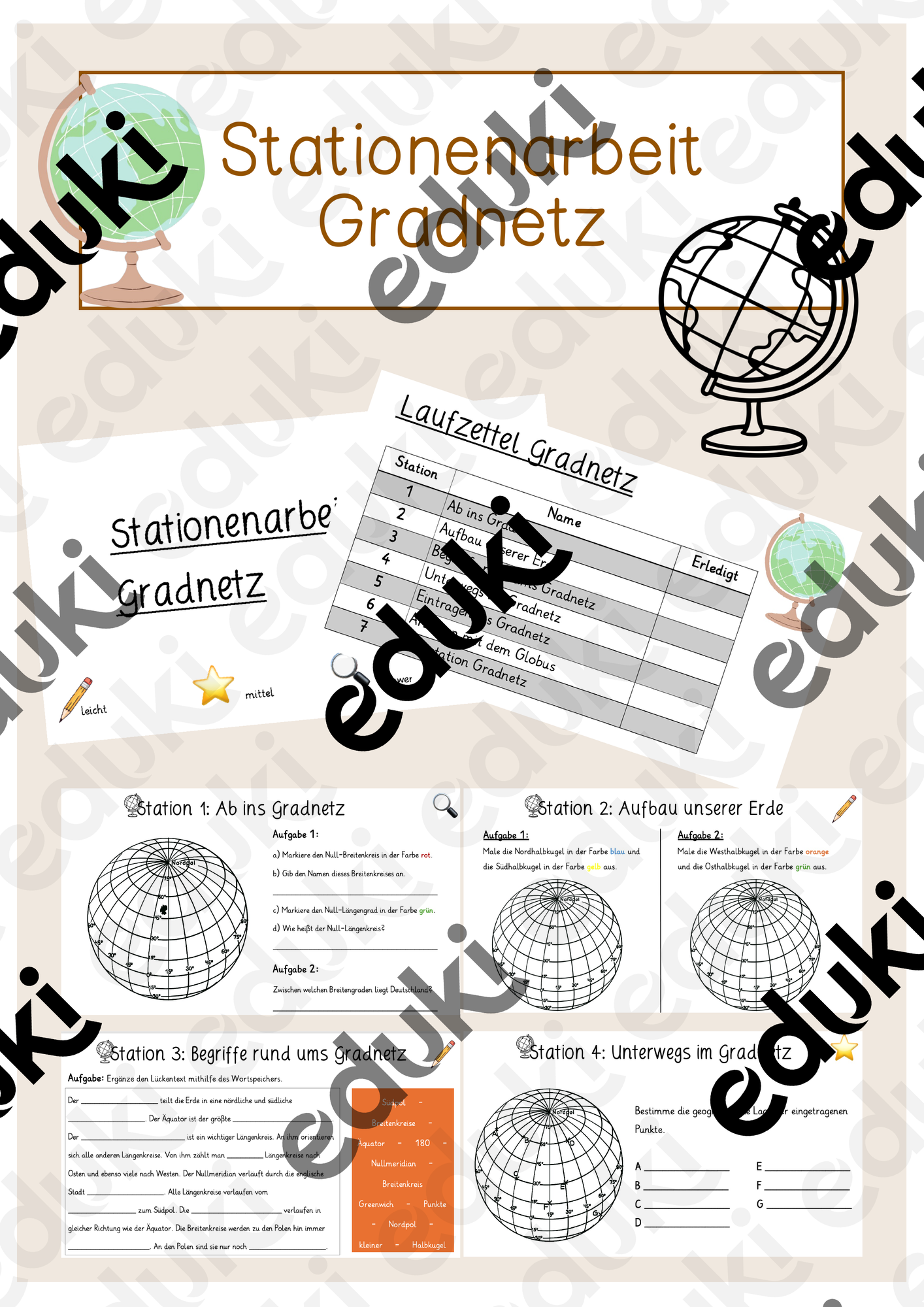 Stationenarbeit Gradnetz – Unterrichtsmaterial im Fach Erdkunde