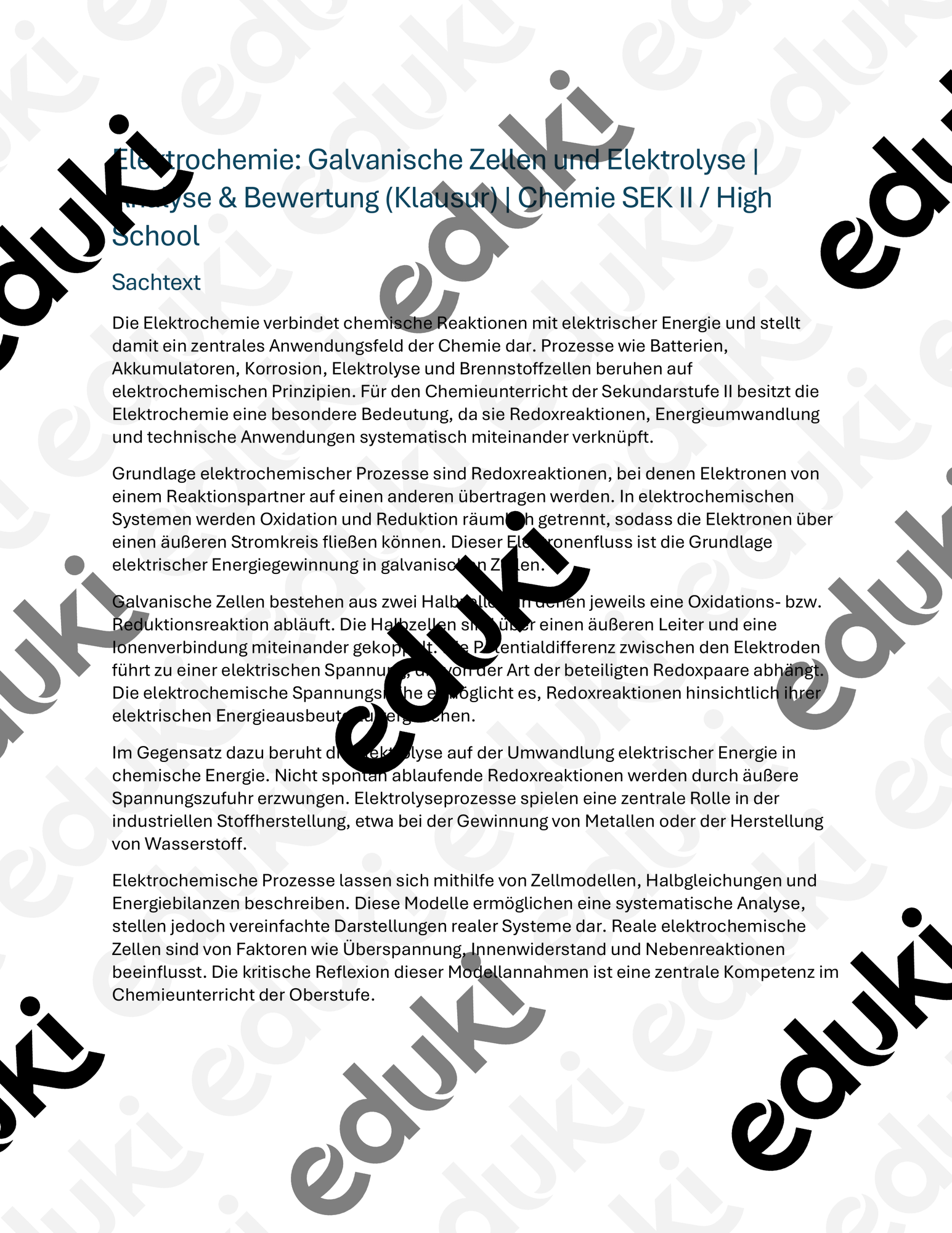 Elektrochemie: Galvanische Zellen und Elektrolyse | Klausur Chemie SEK ...