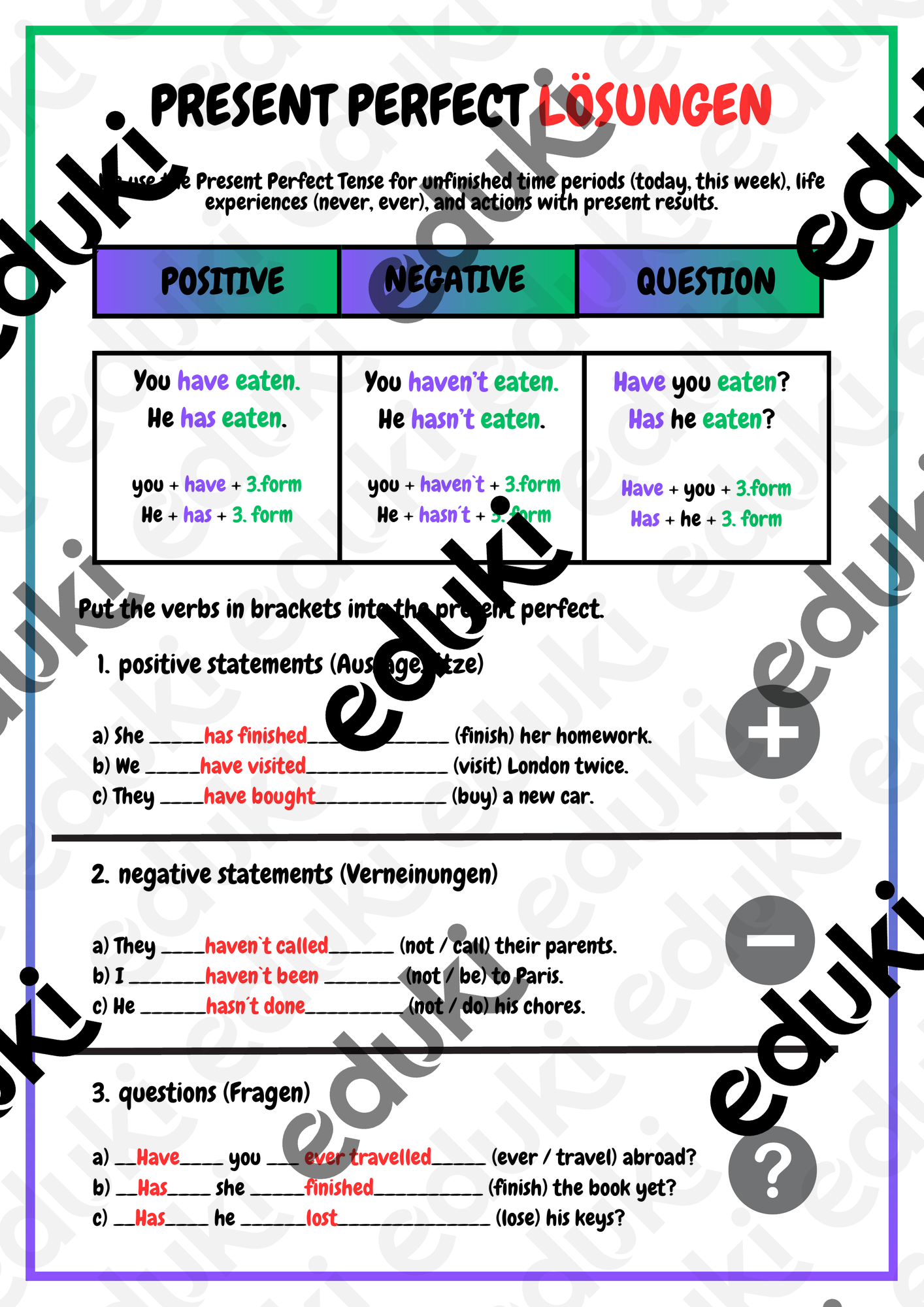 Present Perfect - Merkblatt und Übungen 3-fach differenziert ...