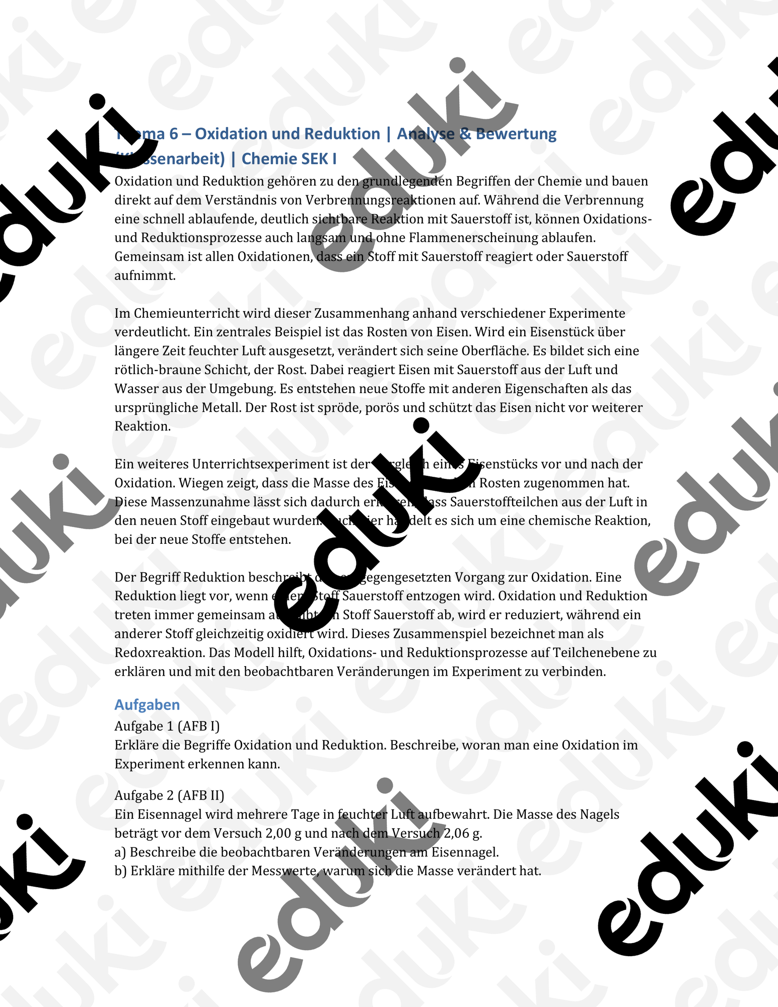 Oxidation und Reduktion – experimentbasierte Klassenarbeit | Chemie SEK ...