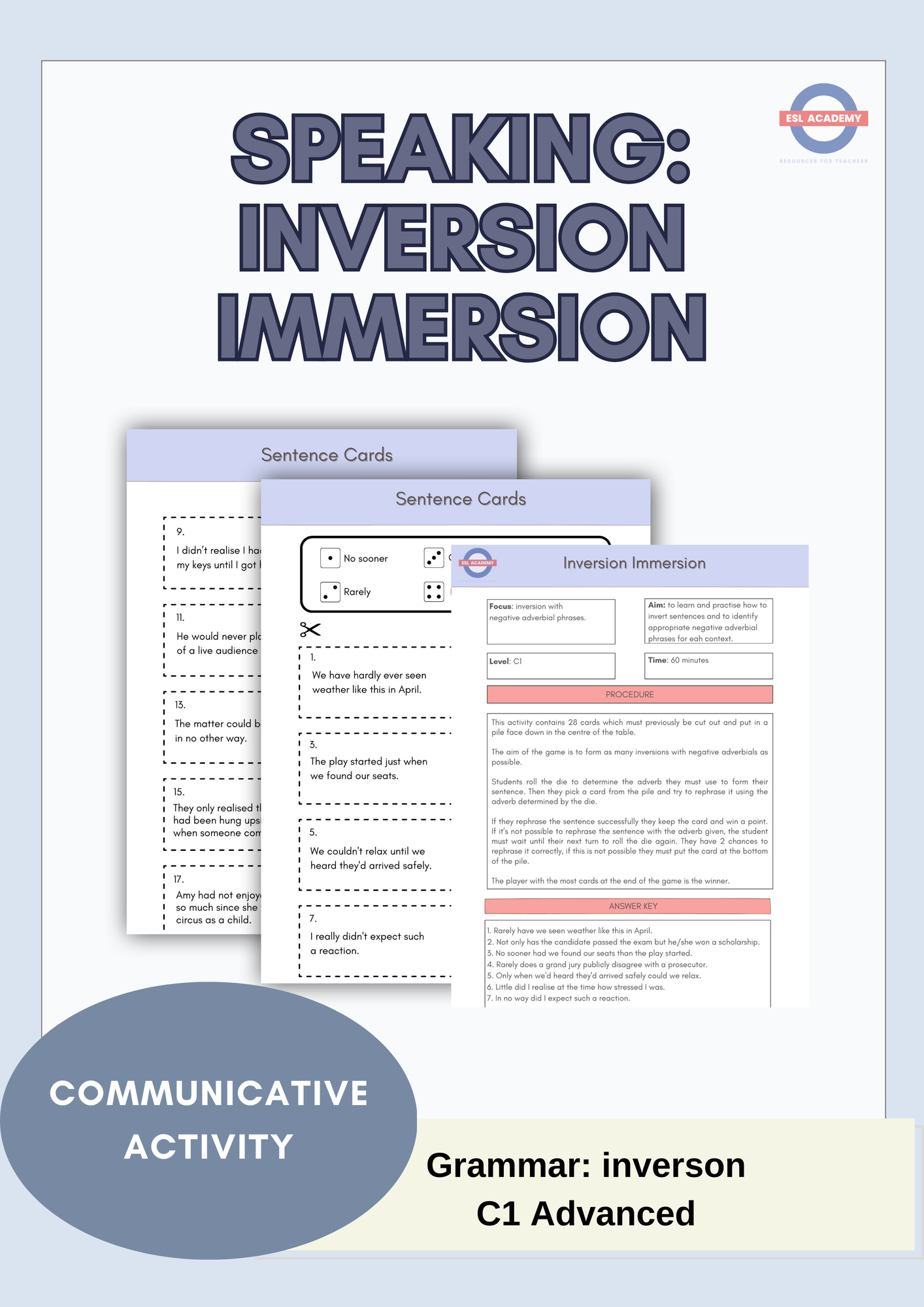 ESL Communication Activity Inversion Speaking game Advanced - material ...