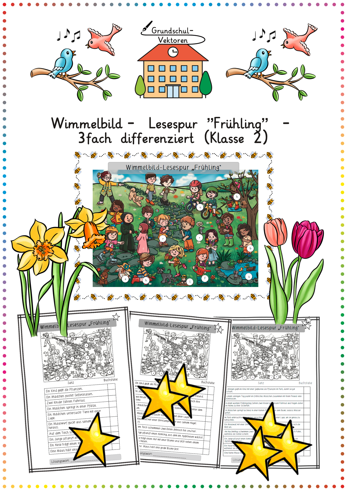 Wimmelbild- Lesespur "Frühling" - 3fach differenziert (Klasse 2 ...