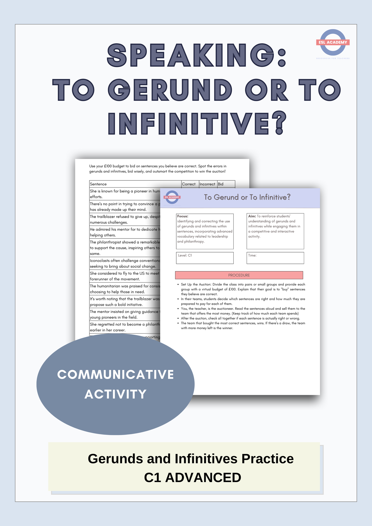 ESL Gerunds and Infinitives. Speaking game.C1 Advanced - material de la ...