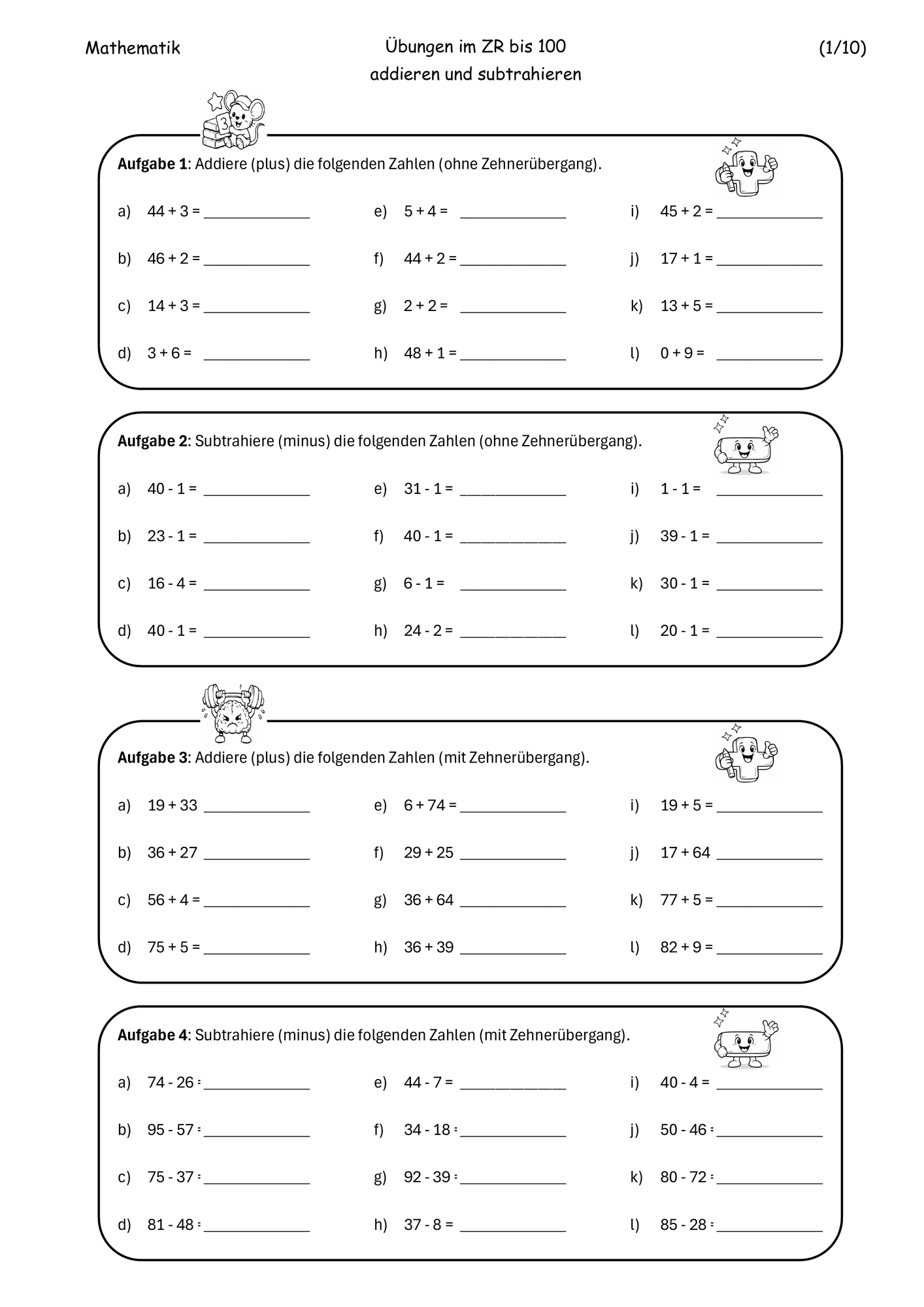 Übungsblätter Plus und Minus (10 Stück) – Unterrichtsmaterial im Fach ...