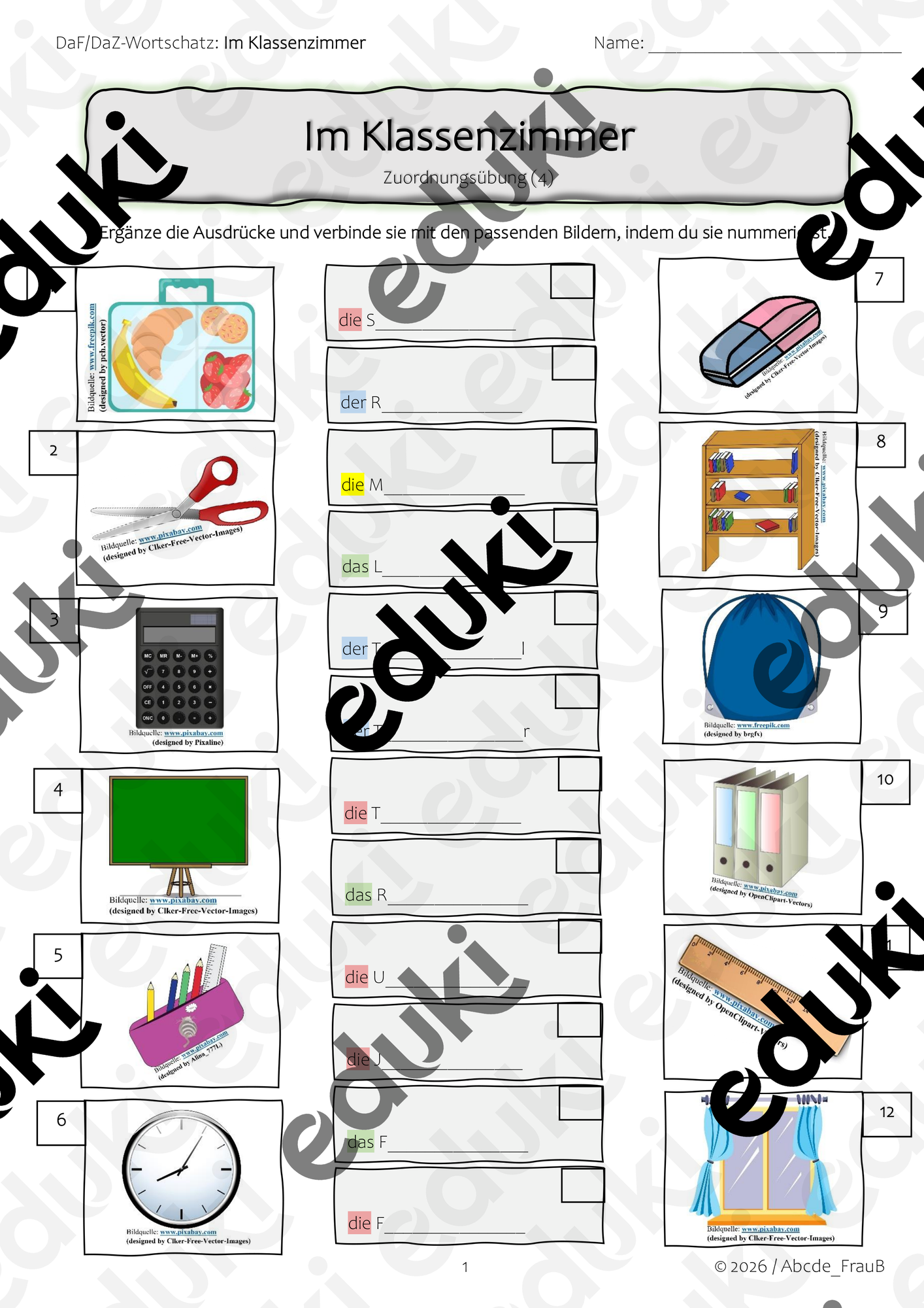 DaF/DaZ "Im Klassenzimmer": Zuordnungsübung 3 – Unterrichtsmaterial im ...