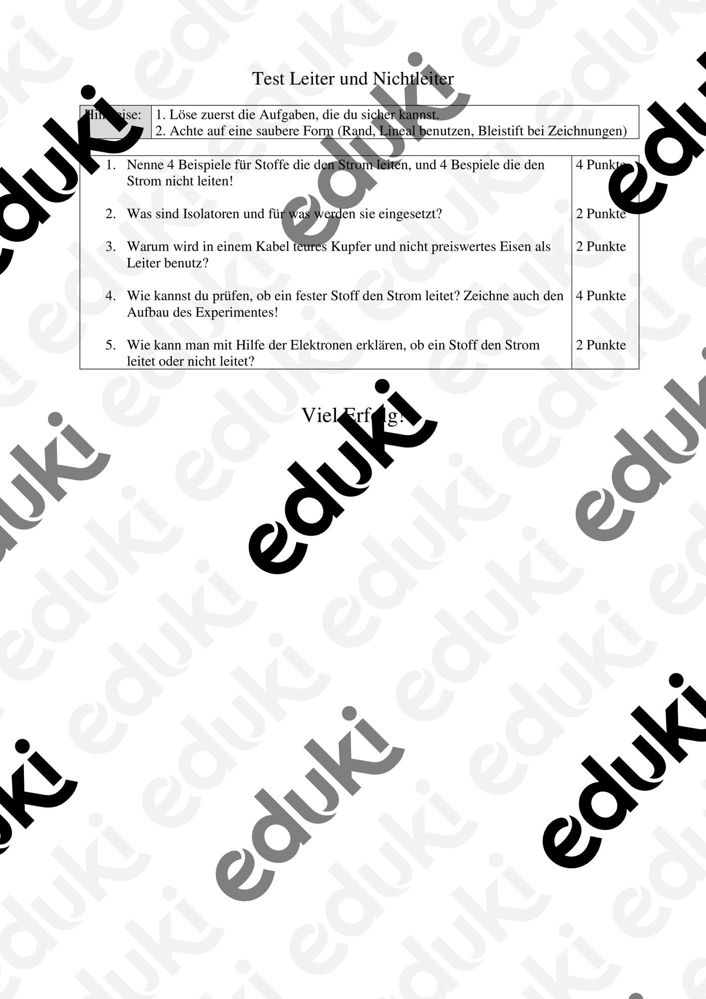 Test zum Thema Leiter und Nichtleiter – Unterrichtsmaterial im Fach Physik