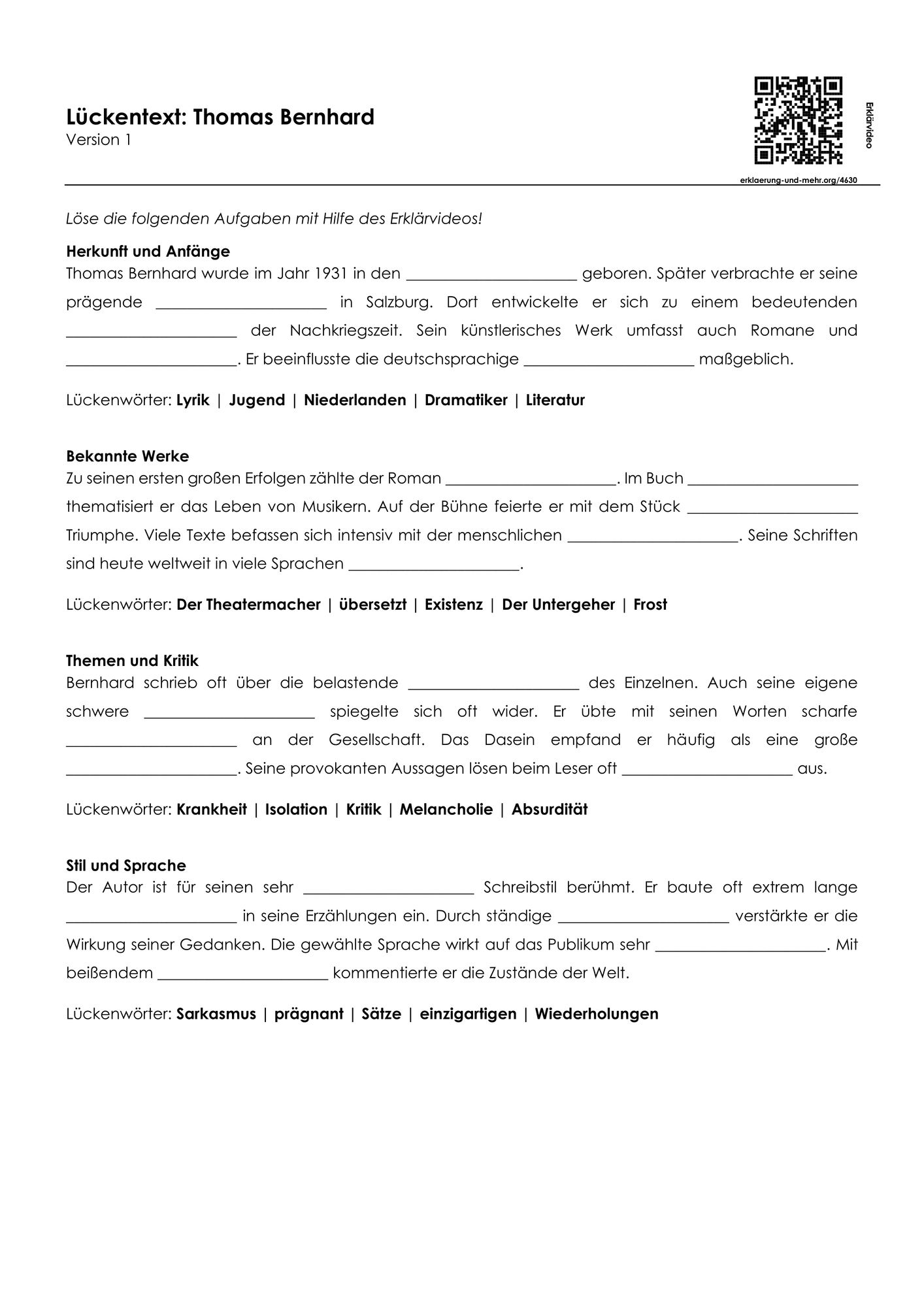 Thomas Bernhard (Lückentext und Übungen kompakt) – Unterrichtsmaterial ...