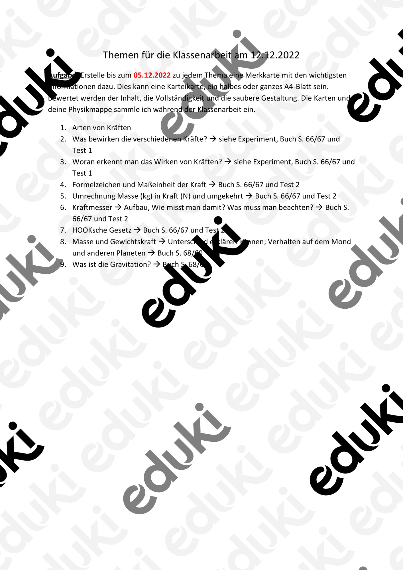 Themen für die Klassenarbeit Kräfte – Unterrichtsmaterial im Fach Physik