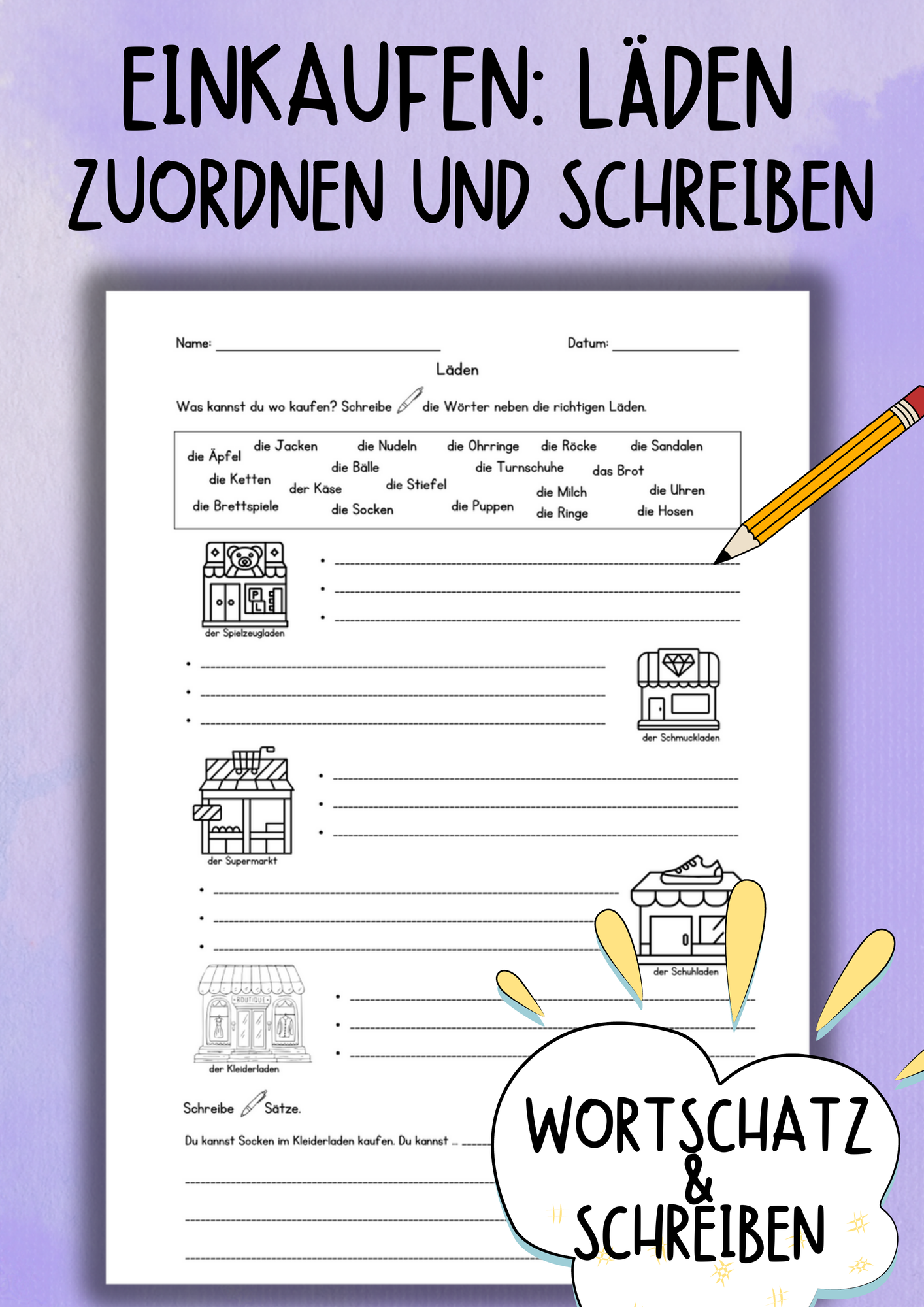 Einkaufen / Läden - Wortschatz und Schreiben (Arbeitsblatt) - DaZ / DaF ...