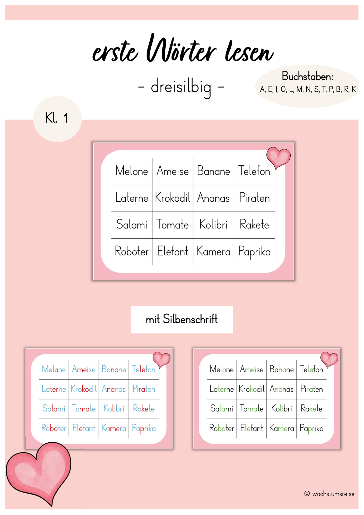 erste Wörter lesen - drei Silben (Buchstaben AEIOLMNSTPBRK ...