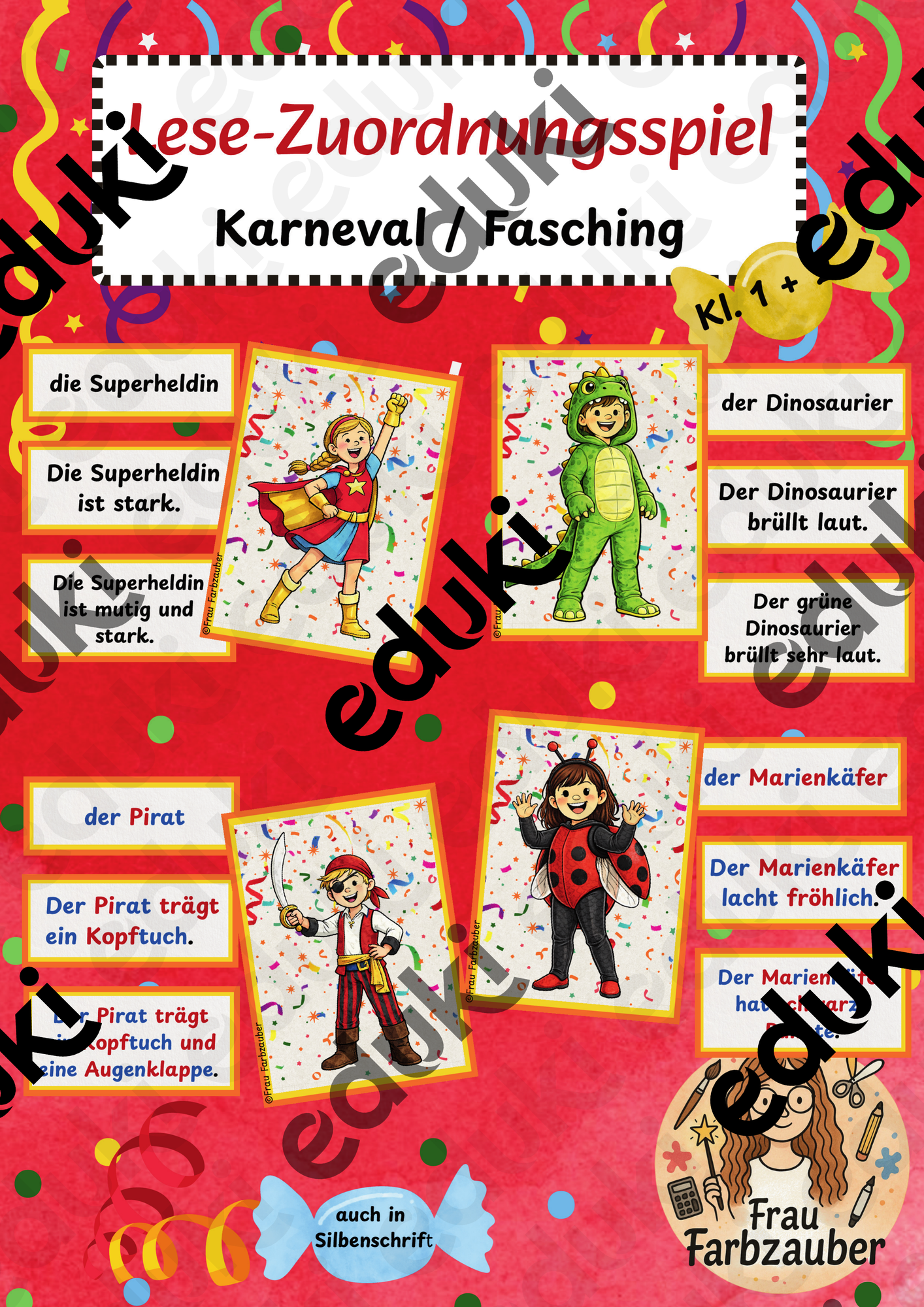 Zuordnungsspiel Lesen Karneval, Fasching / Lesespiel Silbenschrift ...