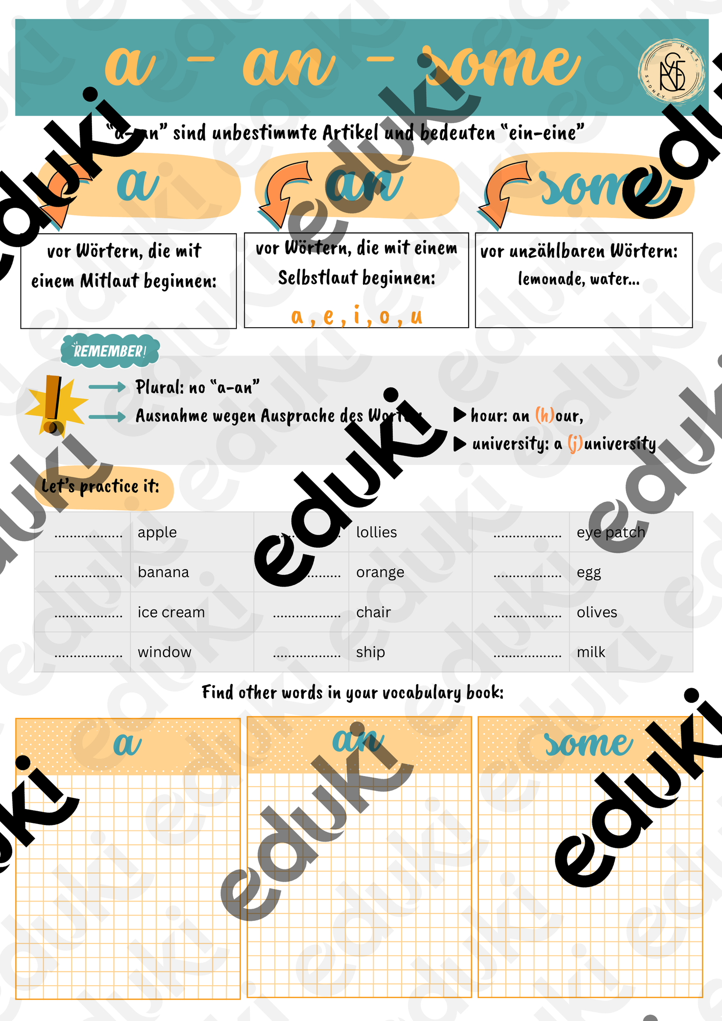 MS a - an - some – Unterrichtsmaterial im Fach Englisch