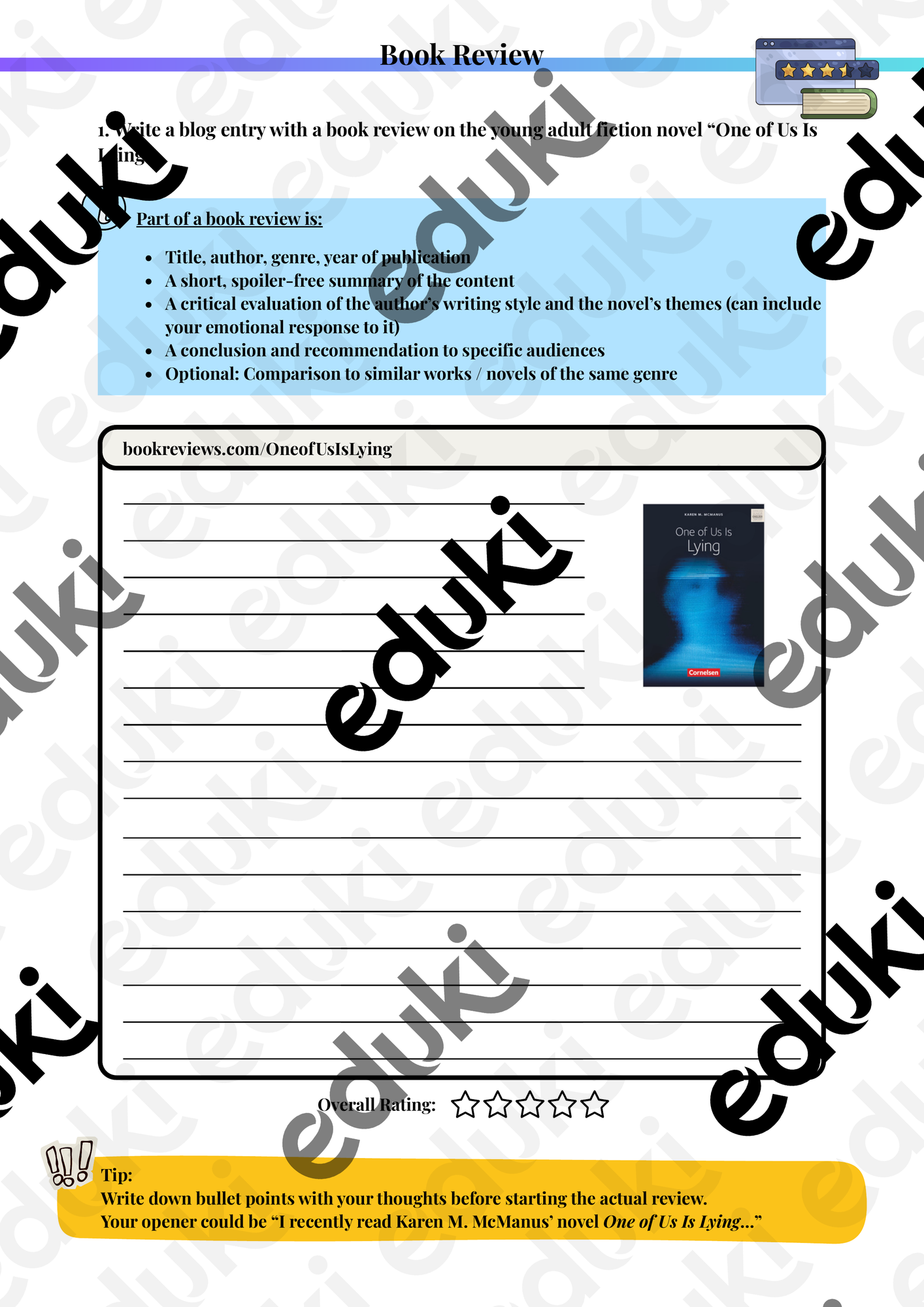 Book Review One of Us Is Lying – Unterrichtsmaterial im Fach Englisch