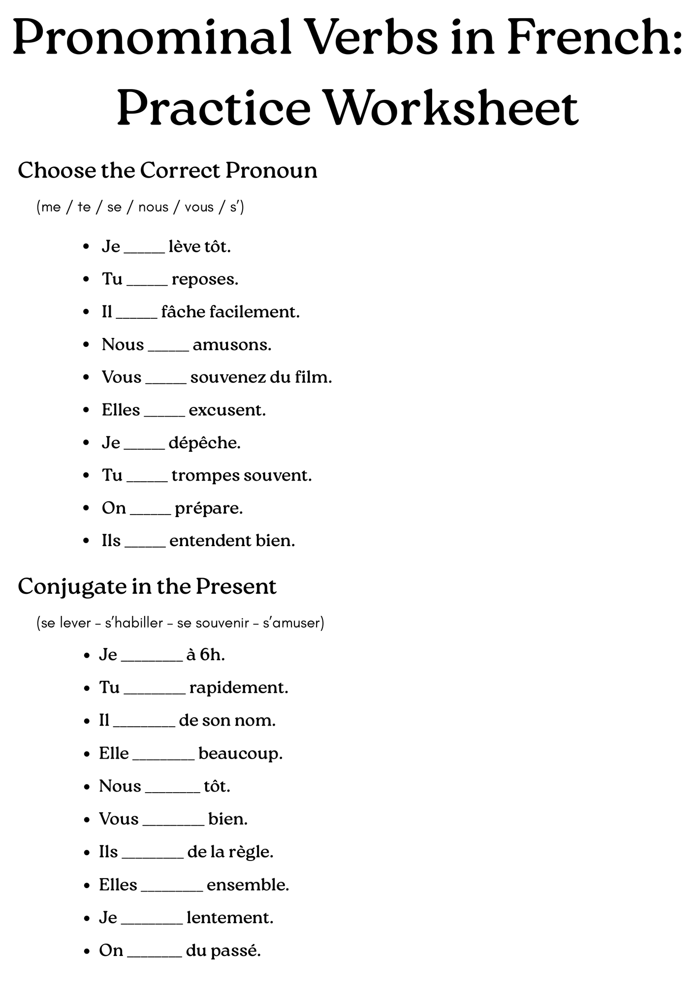 pronominal verbs in french exercises with answers - Ressource ...