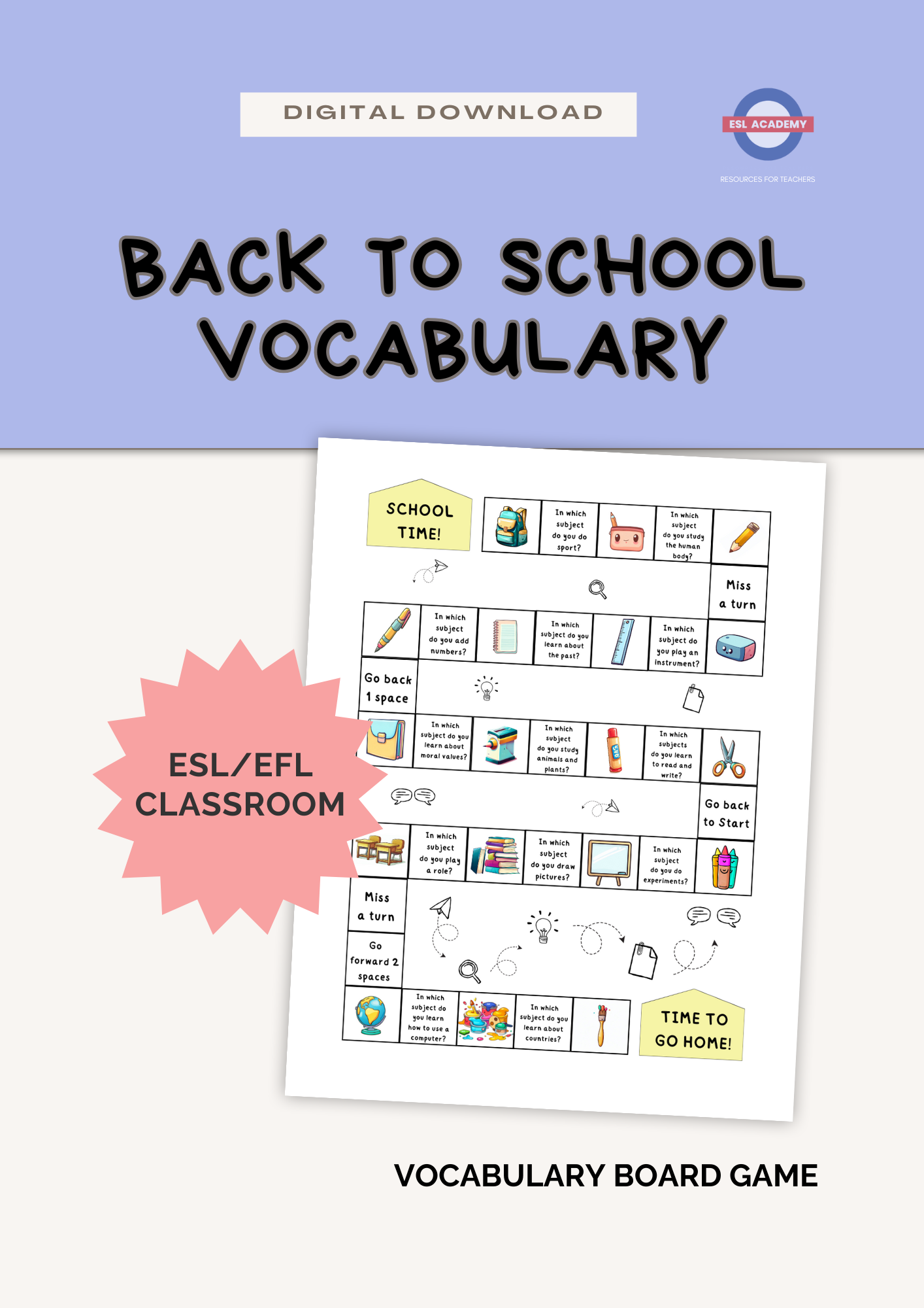 Back to School Vocabulary Board Game - material de la siguiente ...
