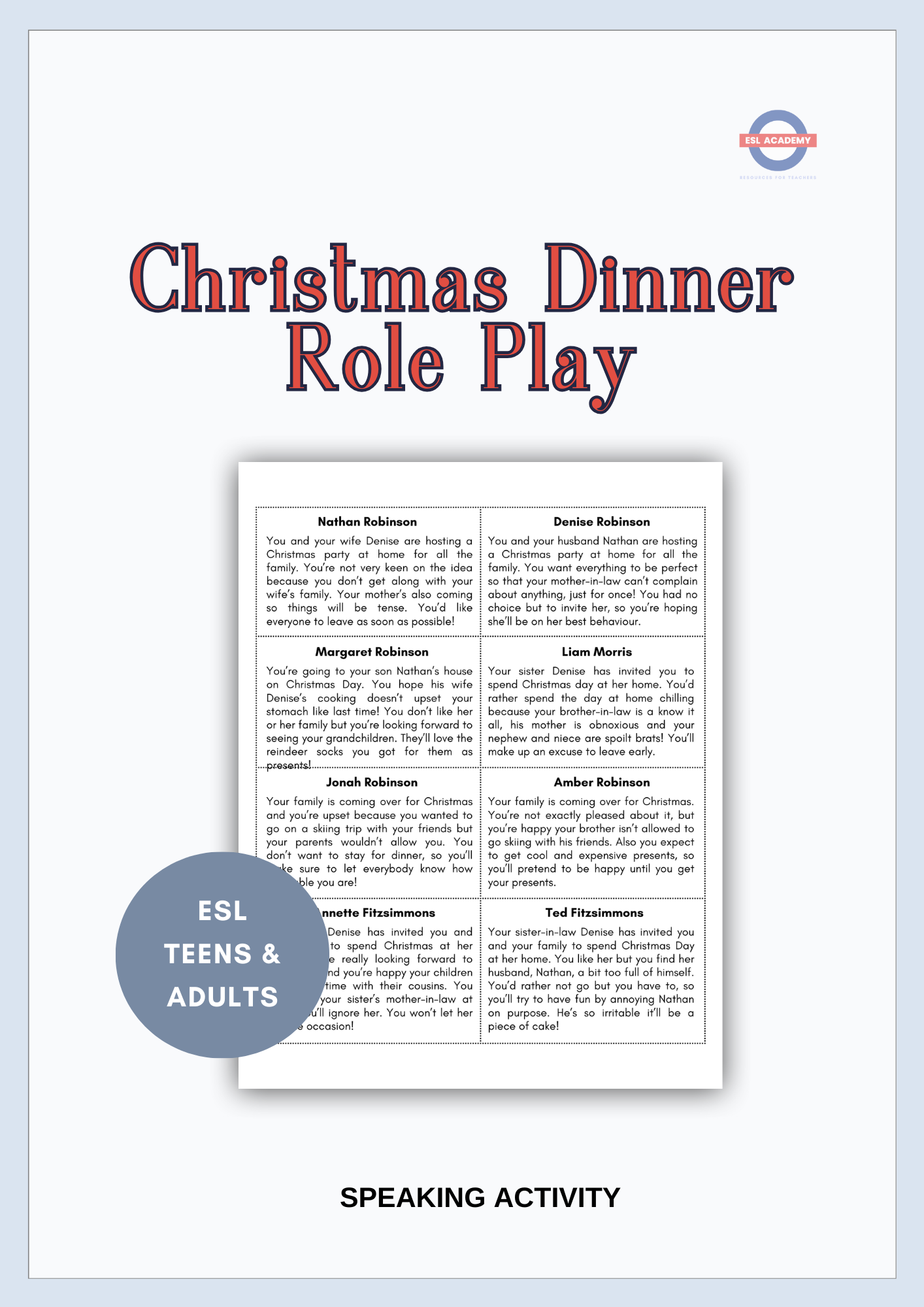 Christmas Speaking Activity: Christmas dinner Role Play - material de ...