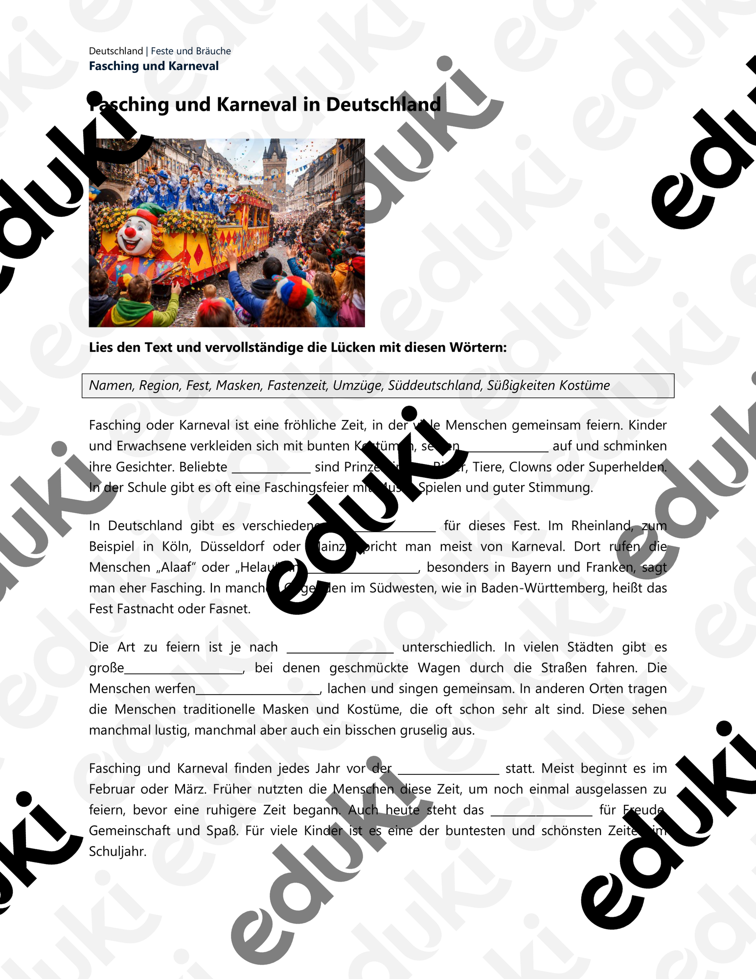 Fasching und Karneval – Lückentext – Unterrichtsmaterial im Fach ...