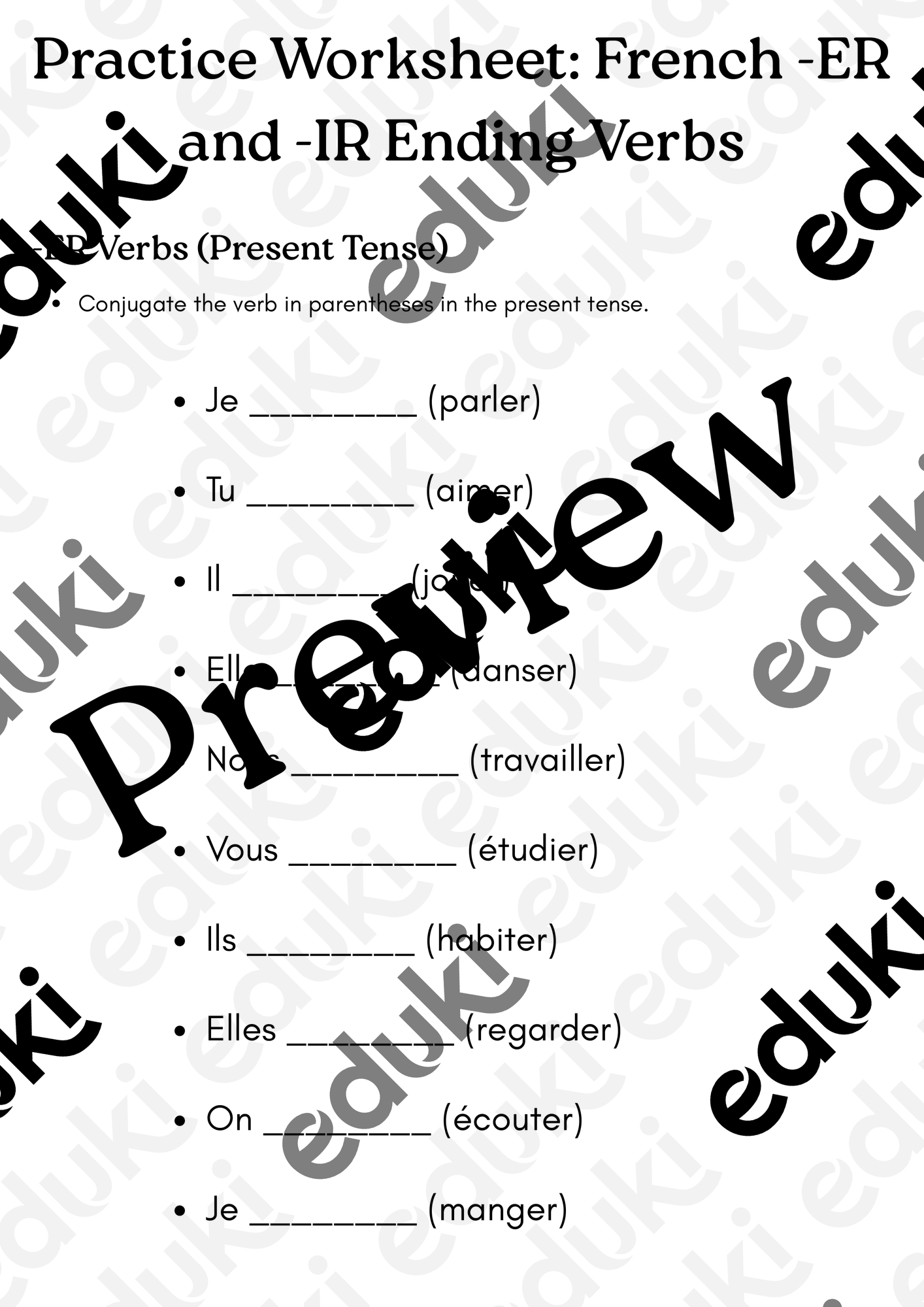 Practice Worksheet French -ER and -IR Ending Verbs (1) - Ressource ...