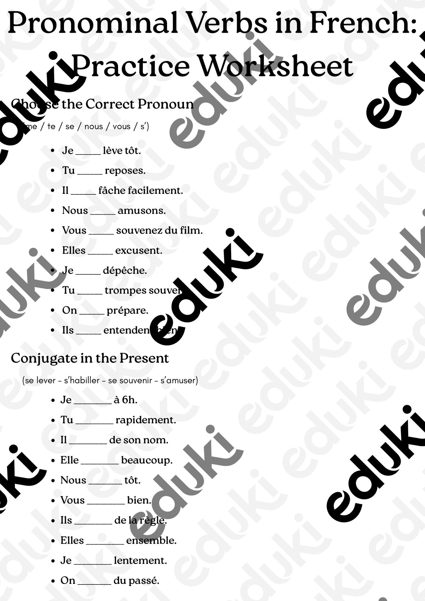 Pronominal Verbs in French Practice Worksheet (1) - Ressource ...