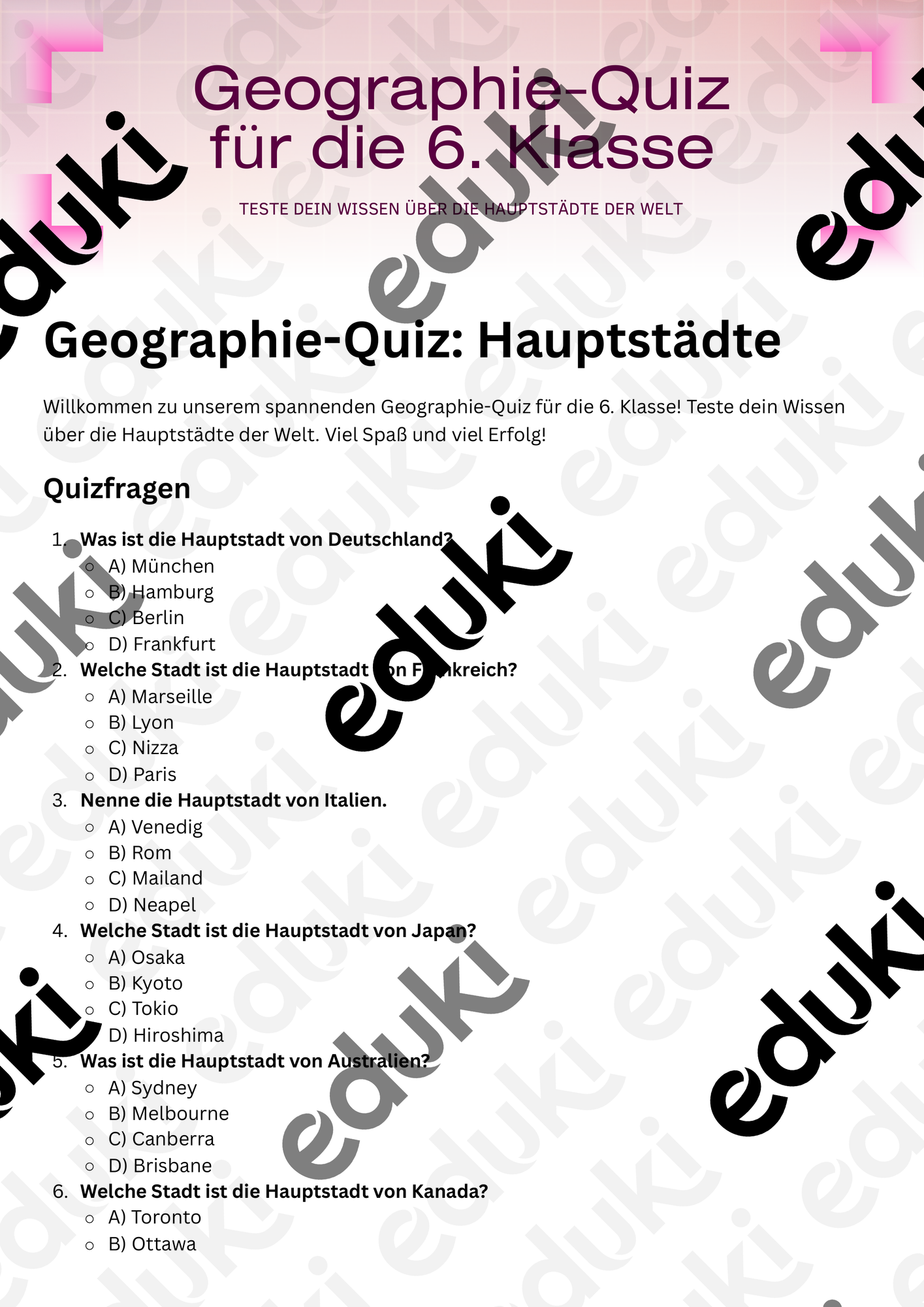 Geographie-Quiz Hauptstädte 6.Klasse – Unterrichtsmaterial im Fach Erdkunde