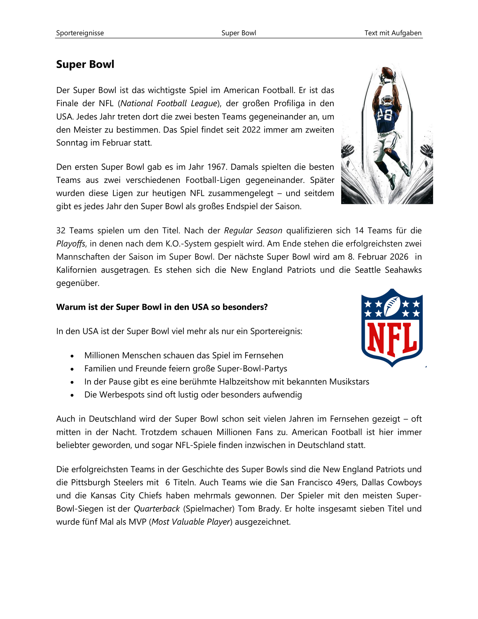 Super Bowl – Text mit Aufgaben – Unterrichtsmaterial im Fach Sport