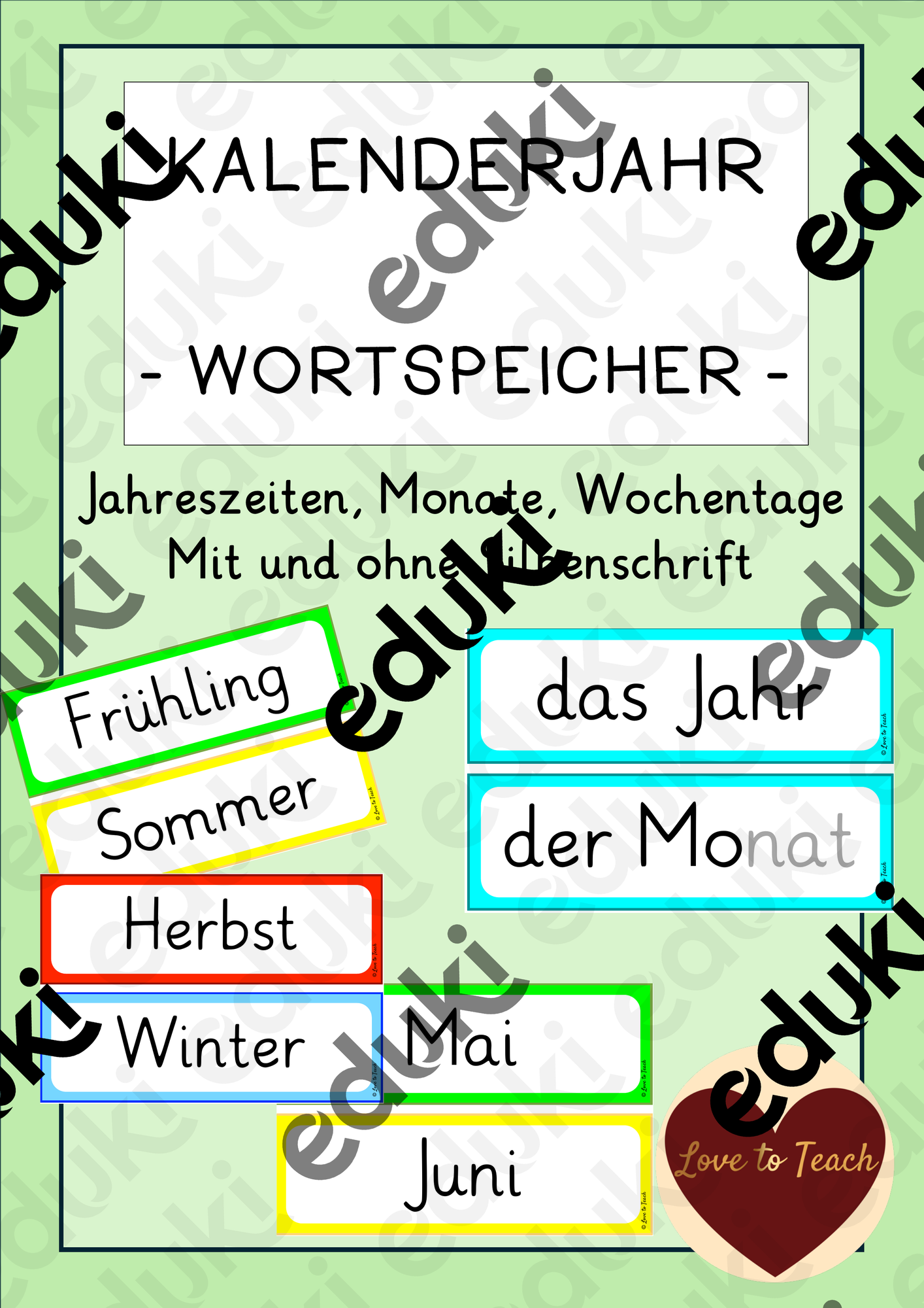 Kalenderjahr Tafelmaterial Wortspeicher Jahreszeiten Monate Wochentage ...