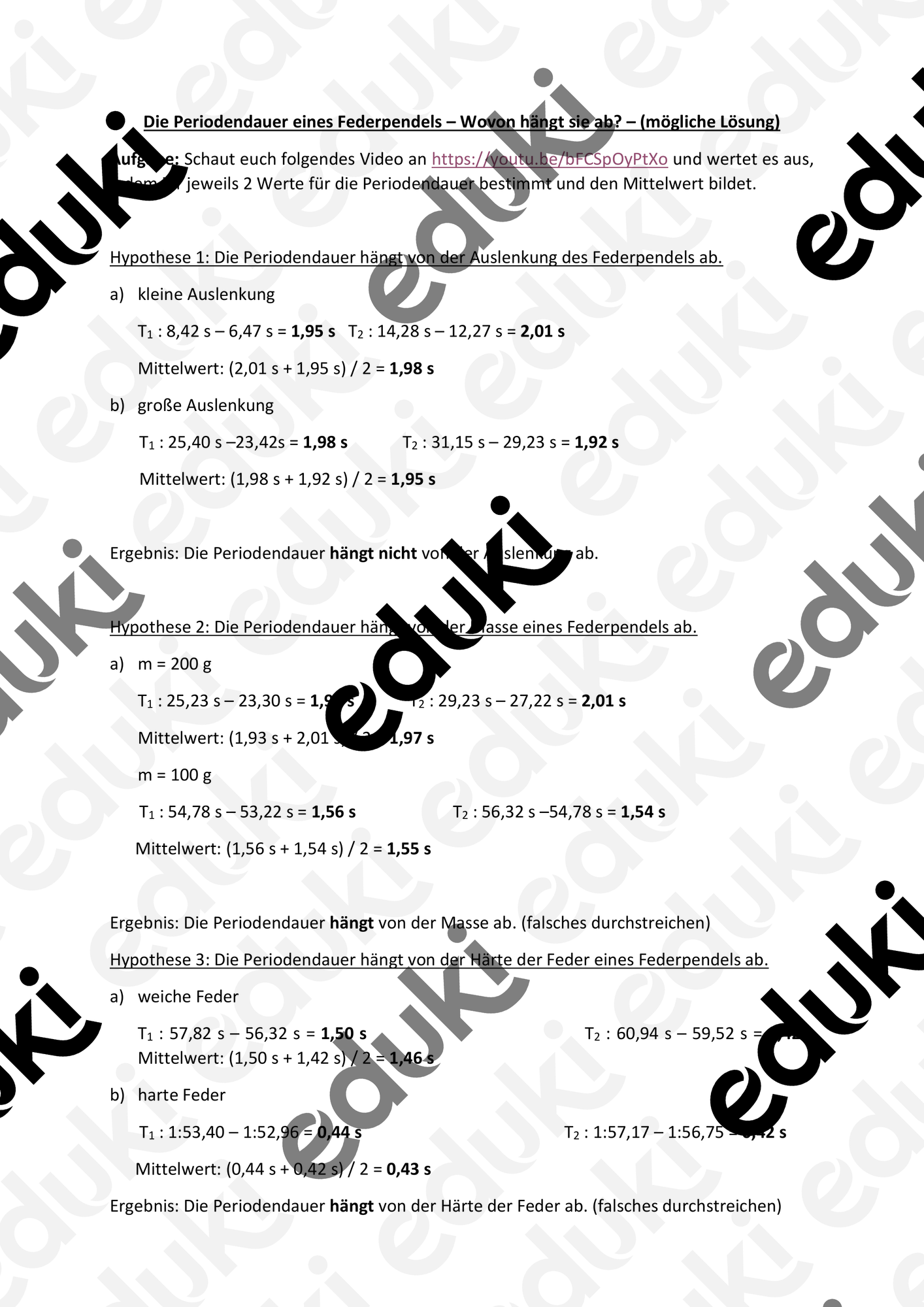 AB - Periodendauer eines Federpendels – Unterrichtsmaterial im Fach Physik