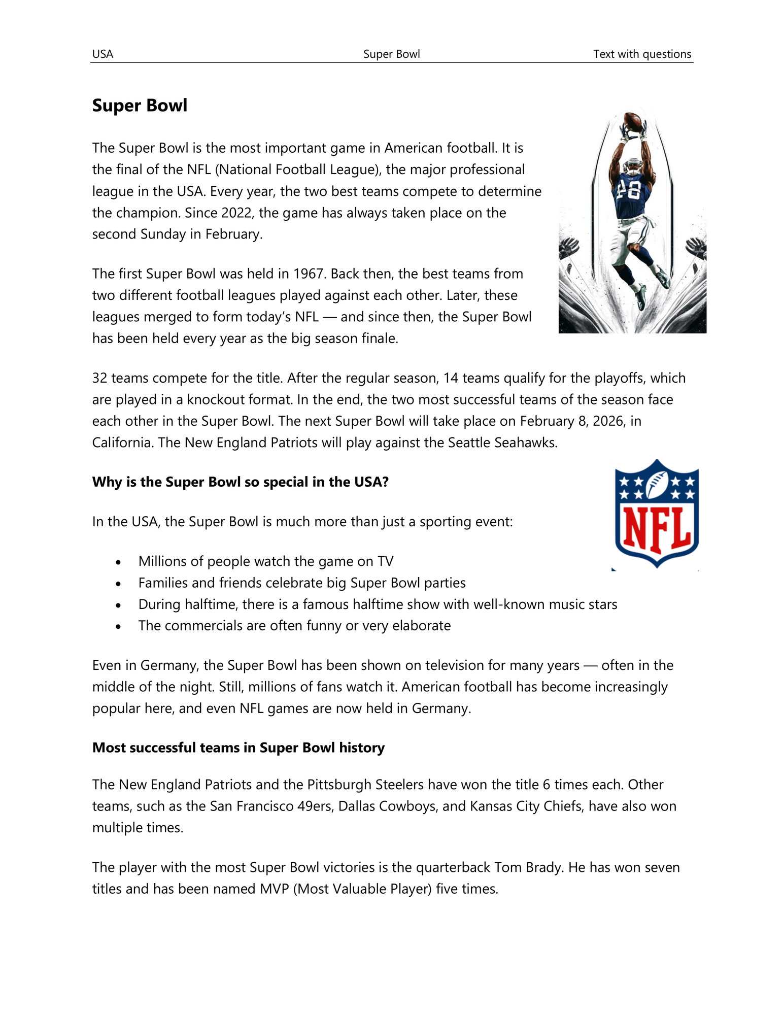 Super Bowl – Text with questions – Unterrichtsmaterial im Fach Englisch