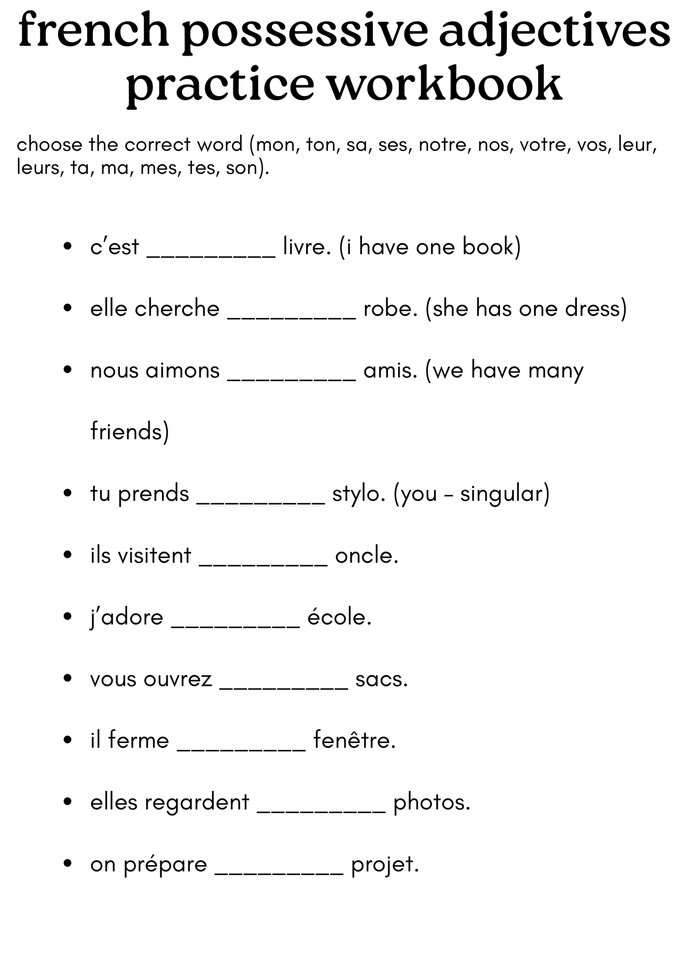 french possessive adjectives practice workbook - Ressource pédagogique ...