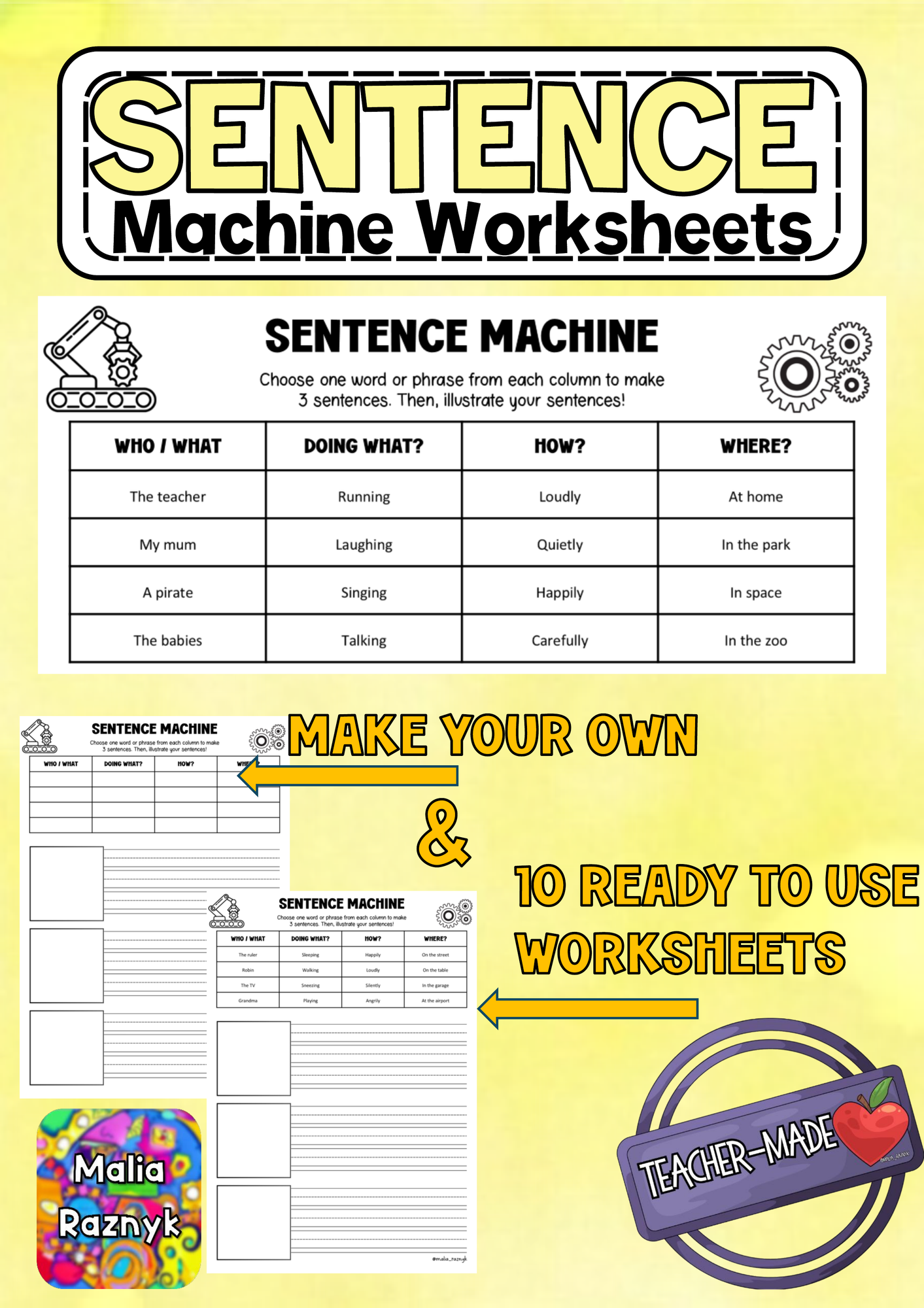Sentence Machine Fun ESL Sentence Building Game (Subjects, Verbs ...