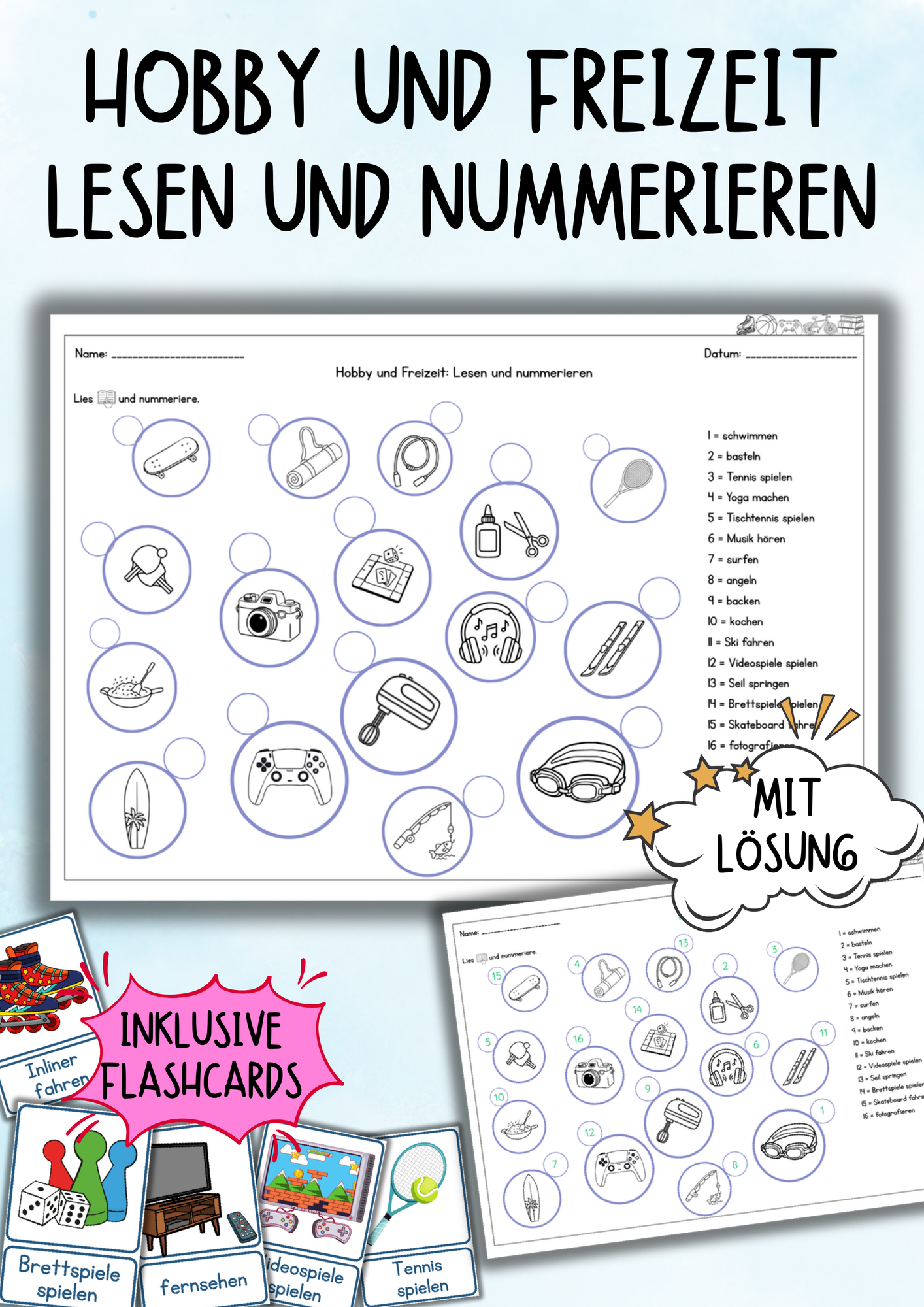 DaZ / DaF - Hobby und Freizeit - Lesen und nummerieren (Arbeitsblatt ...