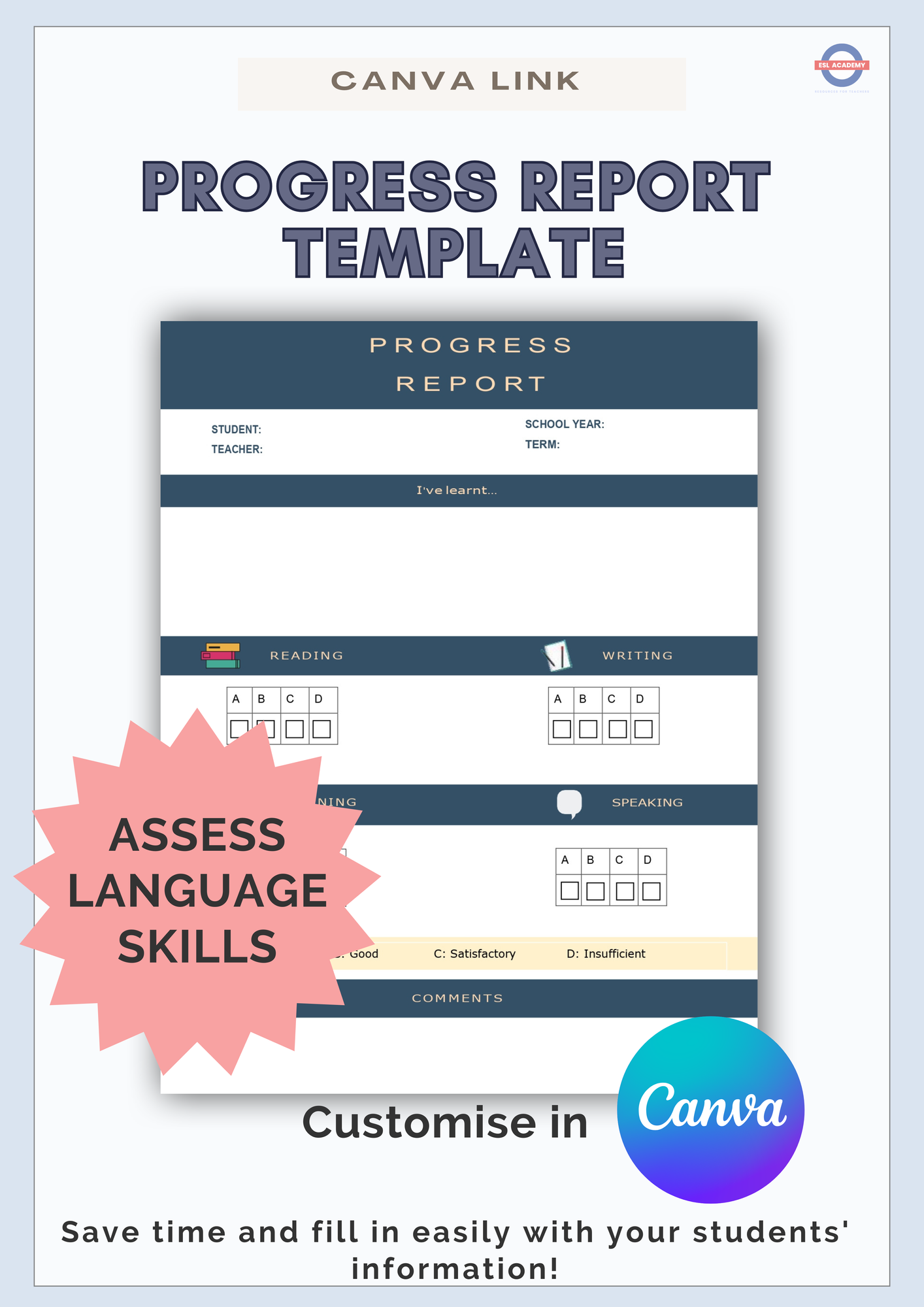 Canva link for Customisable Progress Report Template. - material de la ...