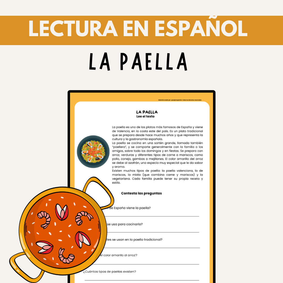 Spanish Reading: "La paella" LECTURA EN ESPAÑOL - material de la ...