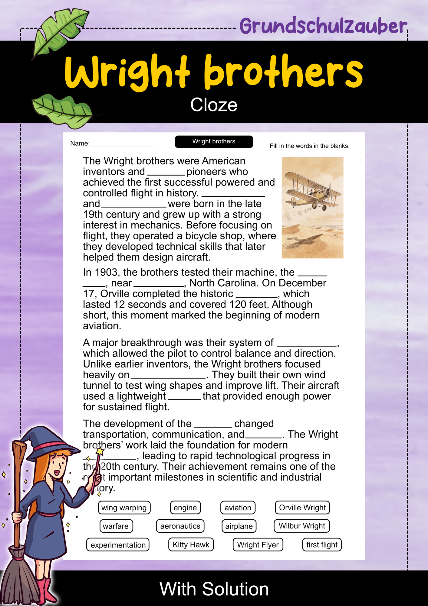 Wright Brothers | Cloze Worksheet | English | History & Aviation ...
