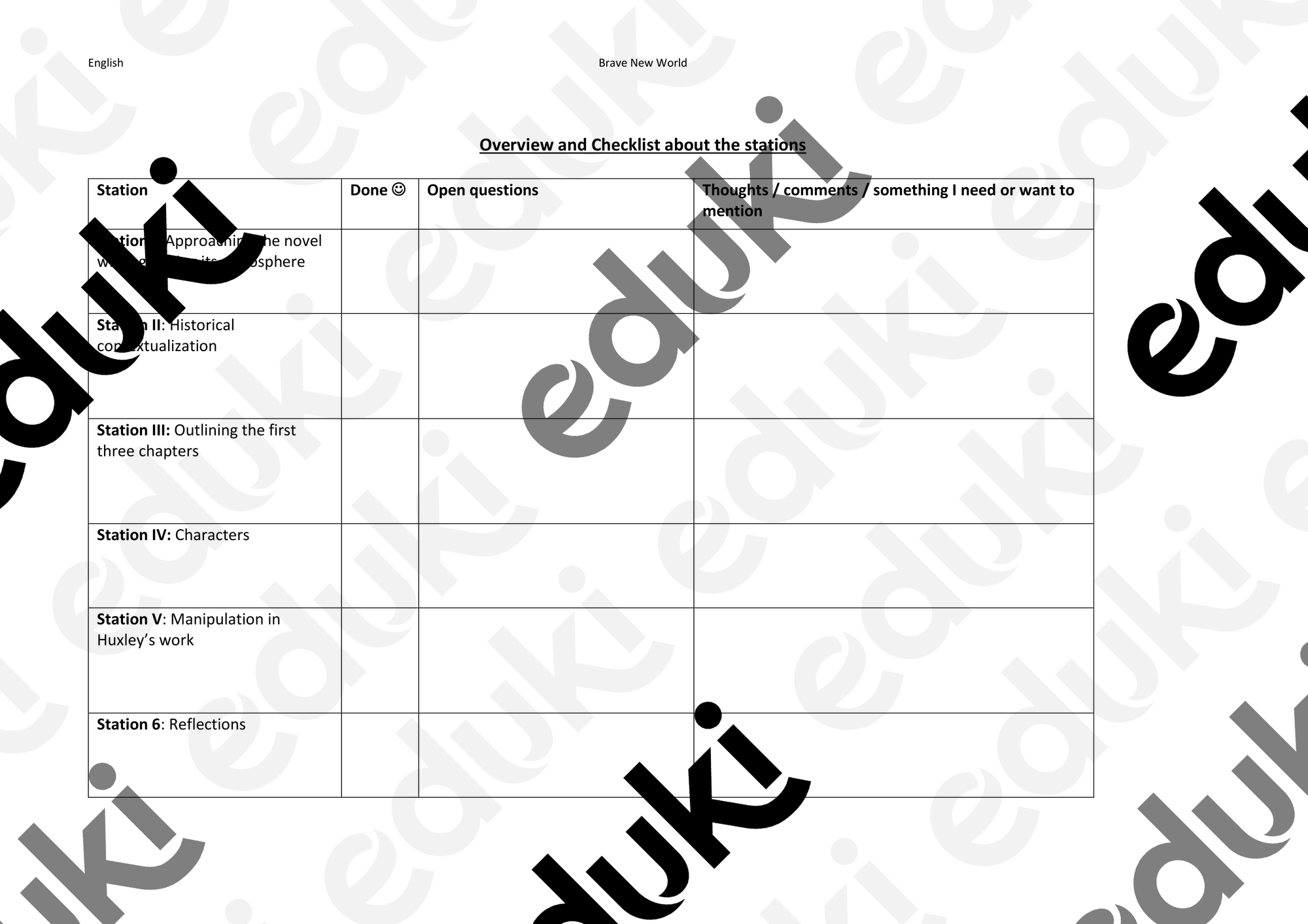 Brave New World – Learning at Stations (Chapters 1–3) Cooperative ...
