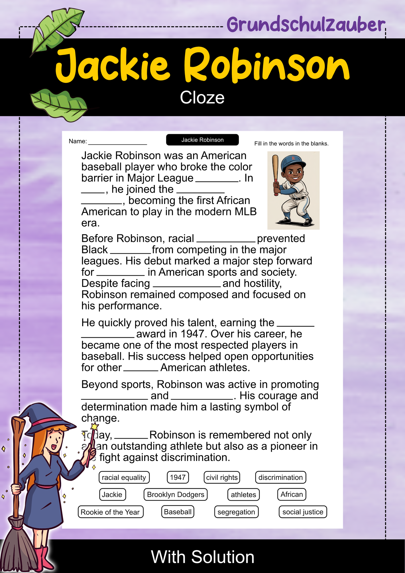 Jackie Robinson | Cloze Worksheet | English | History & Sports ...