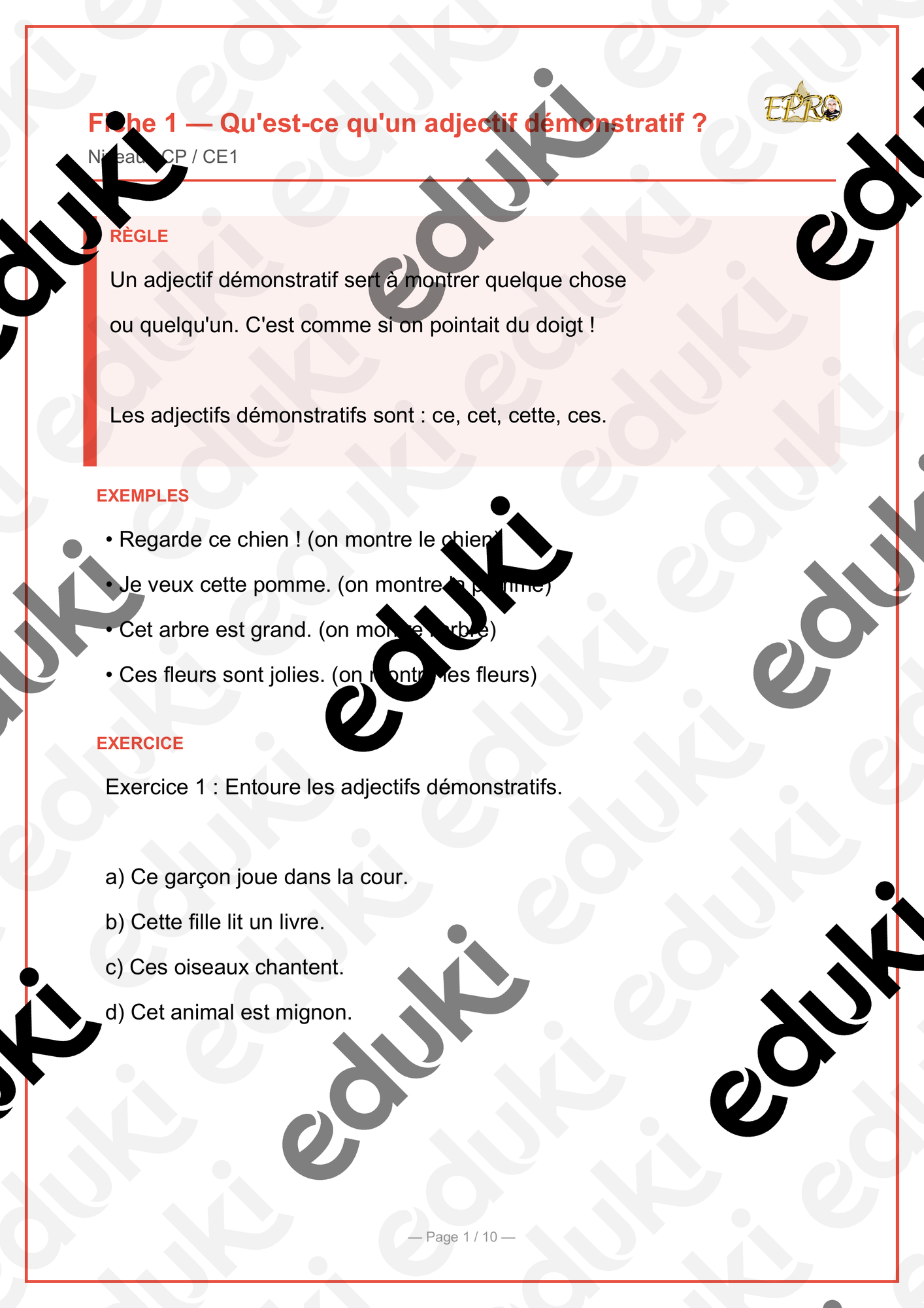 Livret des activités sur les adjectifs demonstratifs - Ressource ...