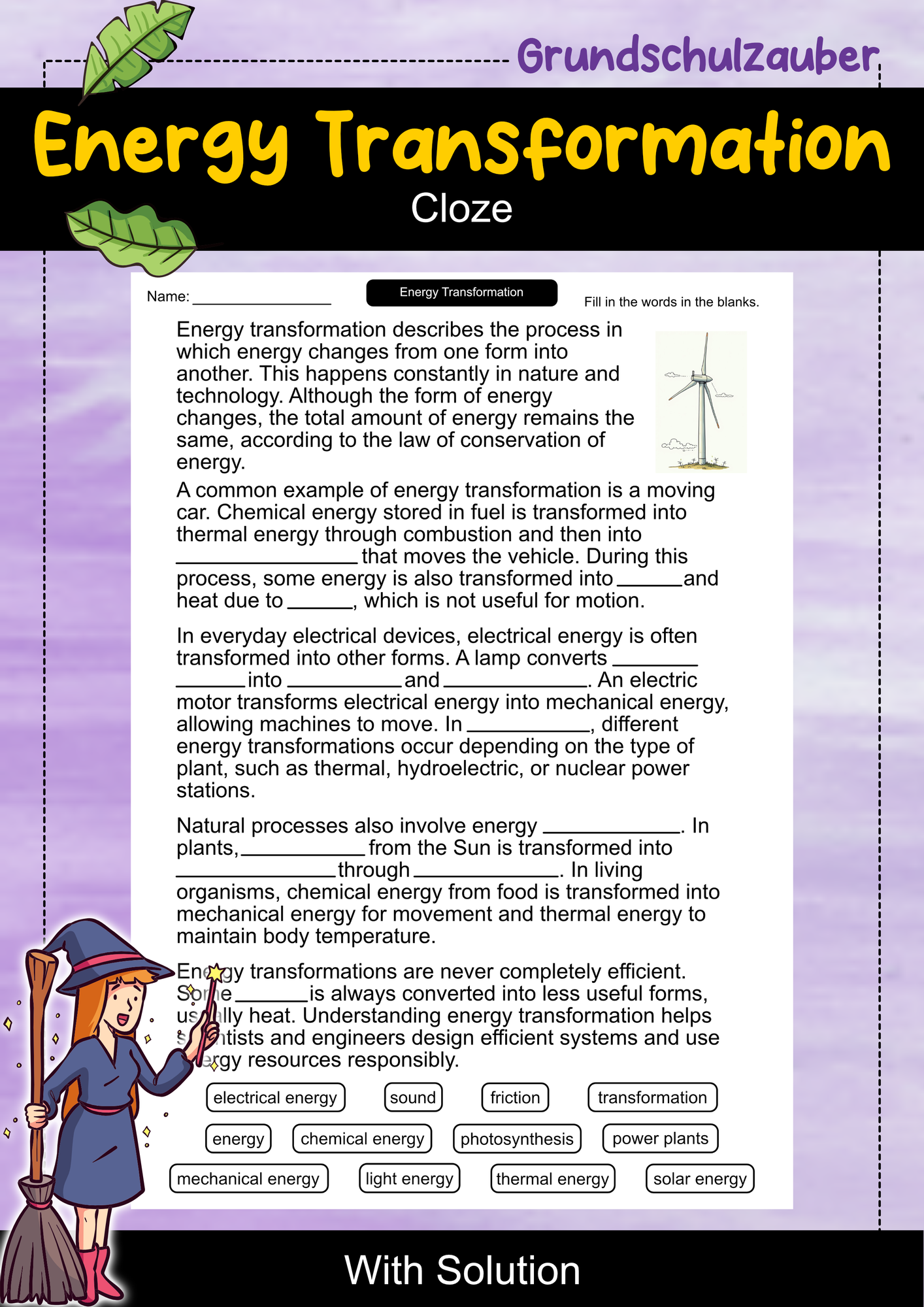 Energy Transformation | Physics Cloze Worksheet | Energy & Conversion ...