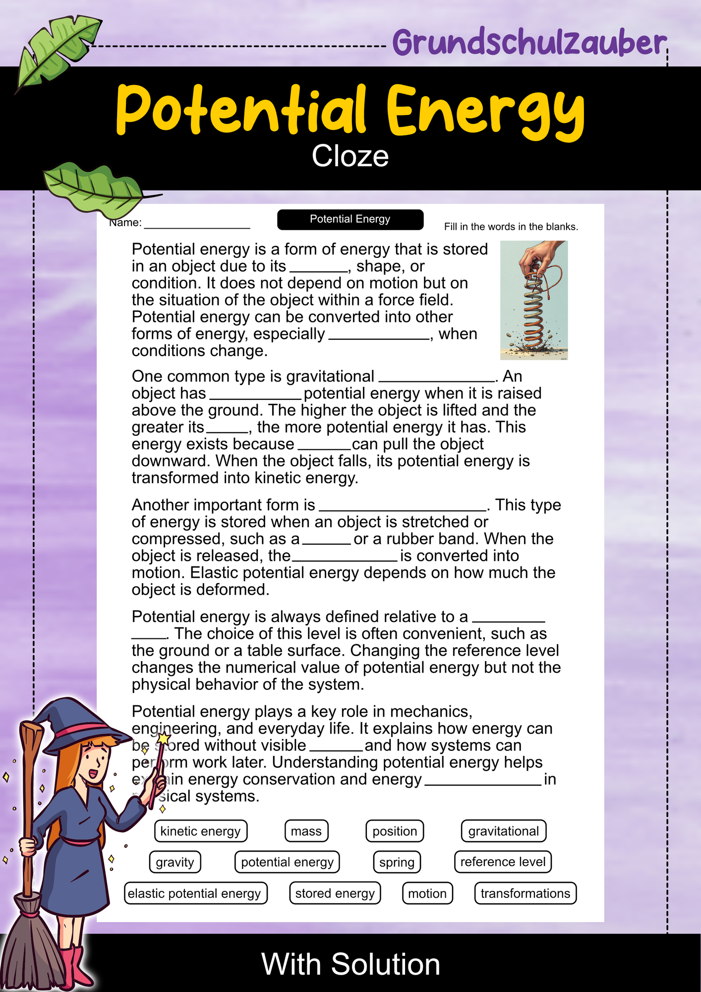 Potential Energy | Physics Cloze Worksheet | Energy & Forces | English ...