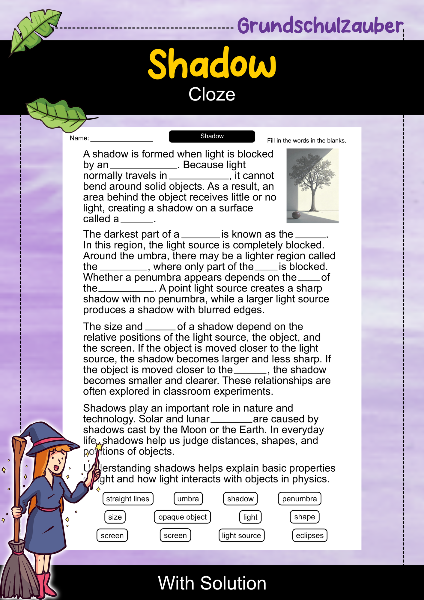 Shadows | Physics Cloze Worksheet | Light & Optics | English ...
