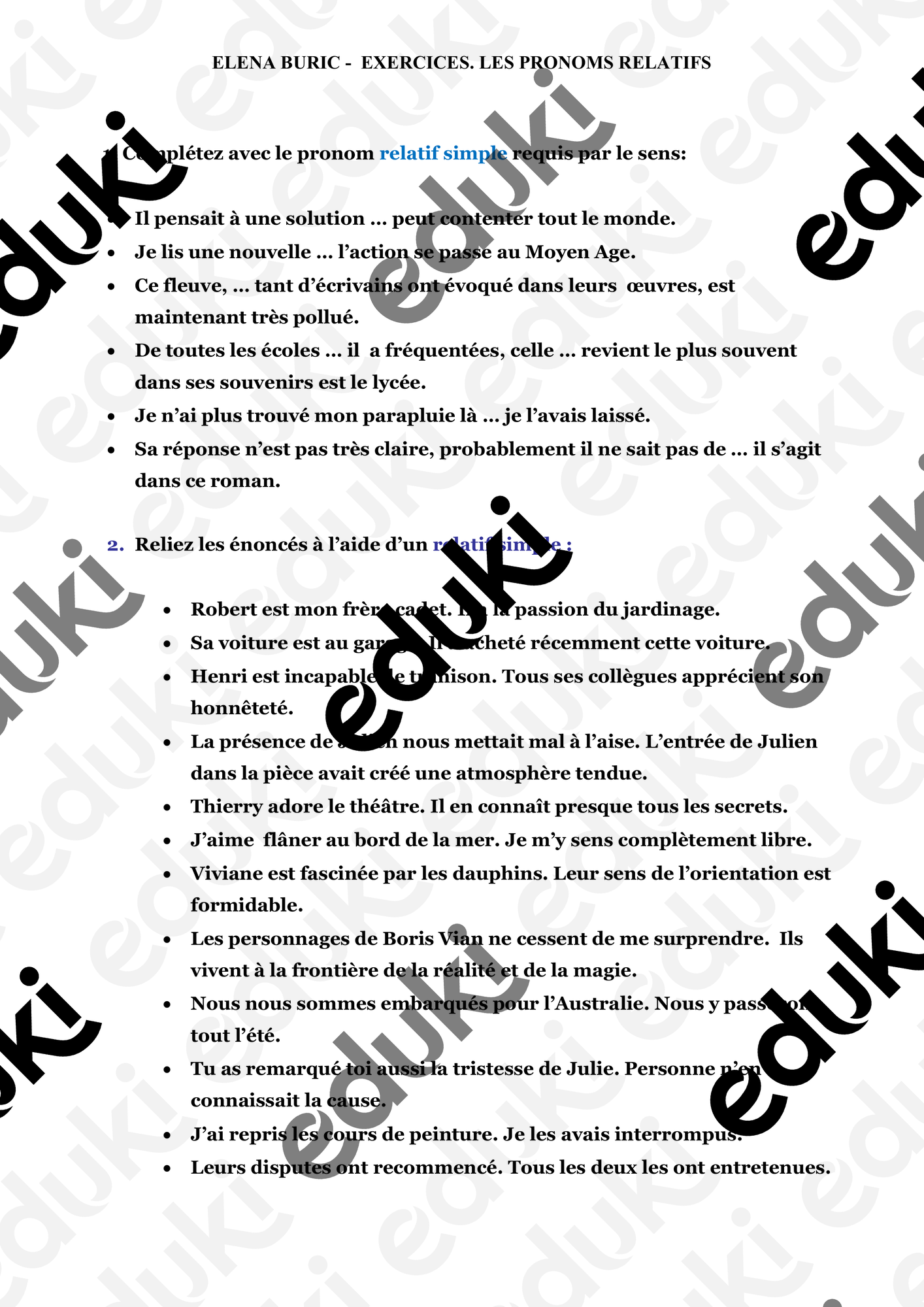 Les pronoms relatifs simples et composés. Exercices - Ressource ...