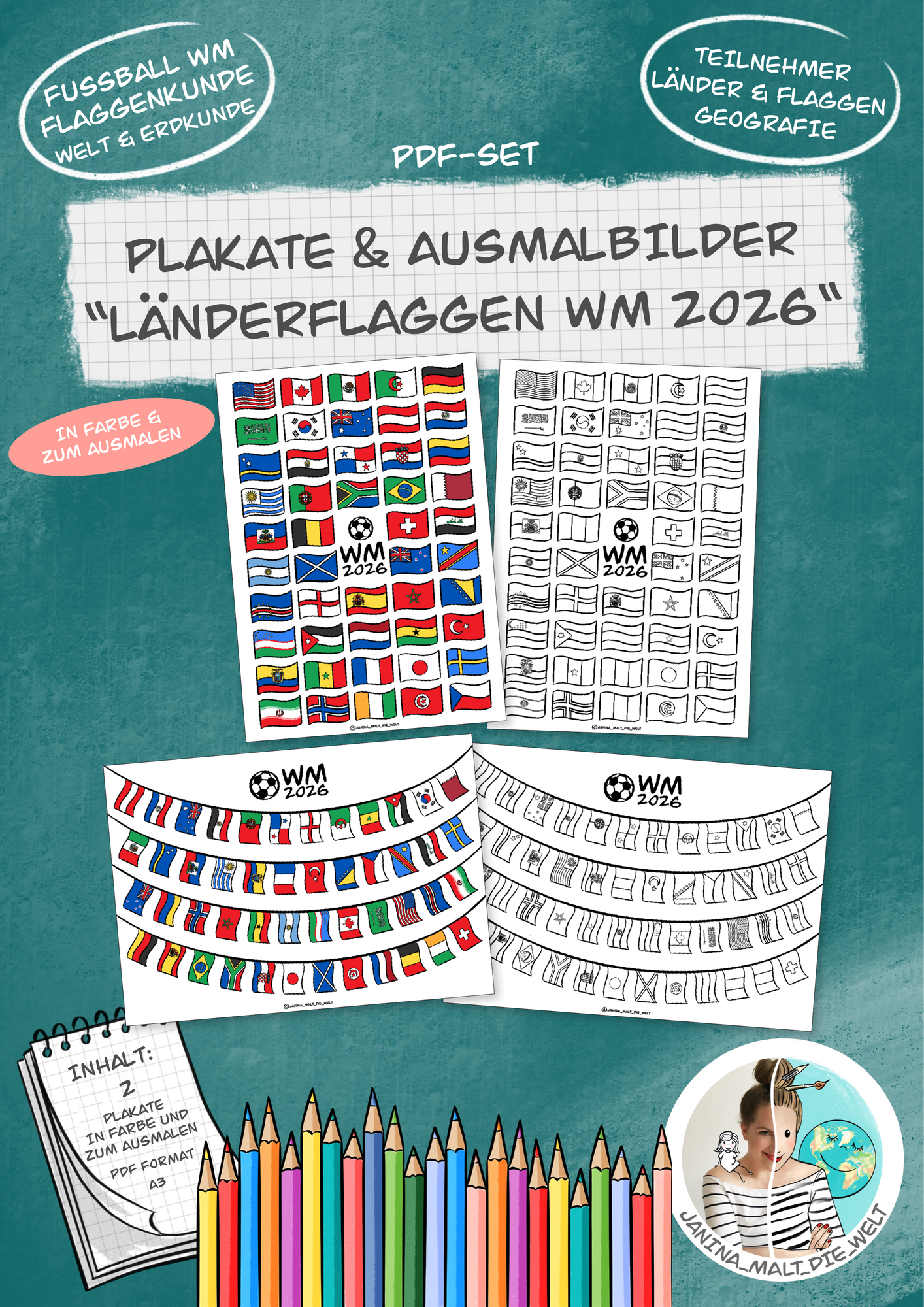 Plakat / Ausmalbilder Flaggen Teilnehmerländer "Fussball WM 2026 ...