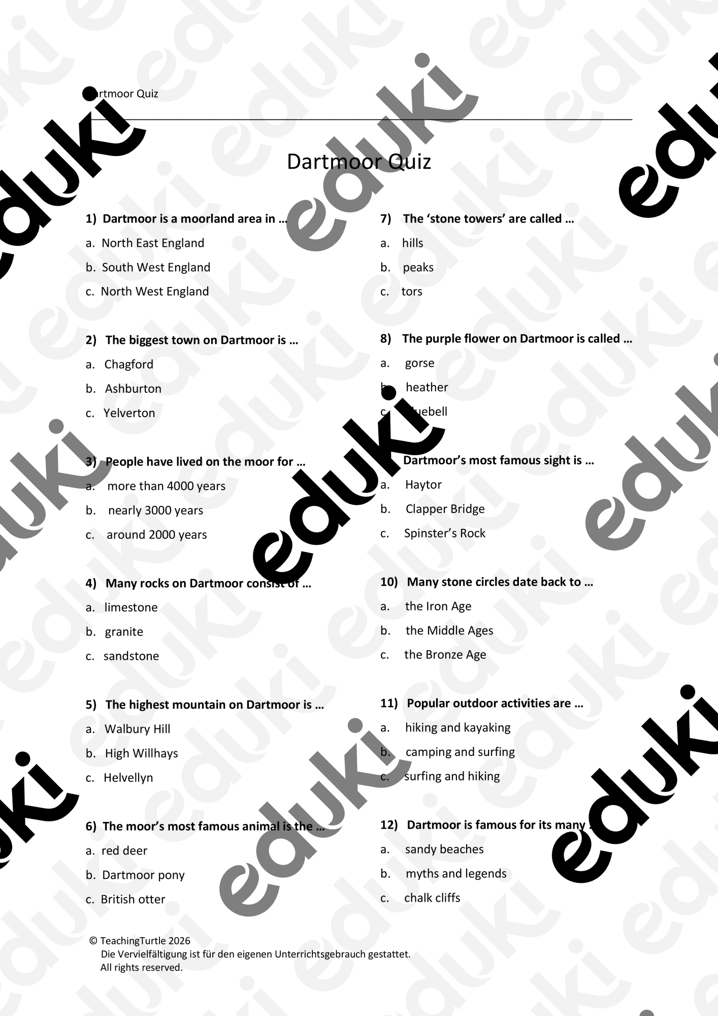 Arbeitsblatt "Dartmoor Quiz" – Research / Quiz – Unterrichtsmaterial im ...
