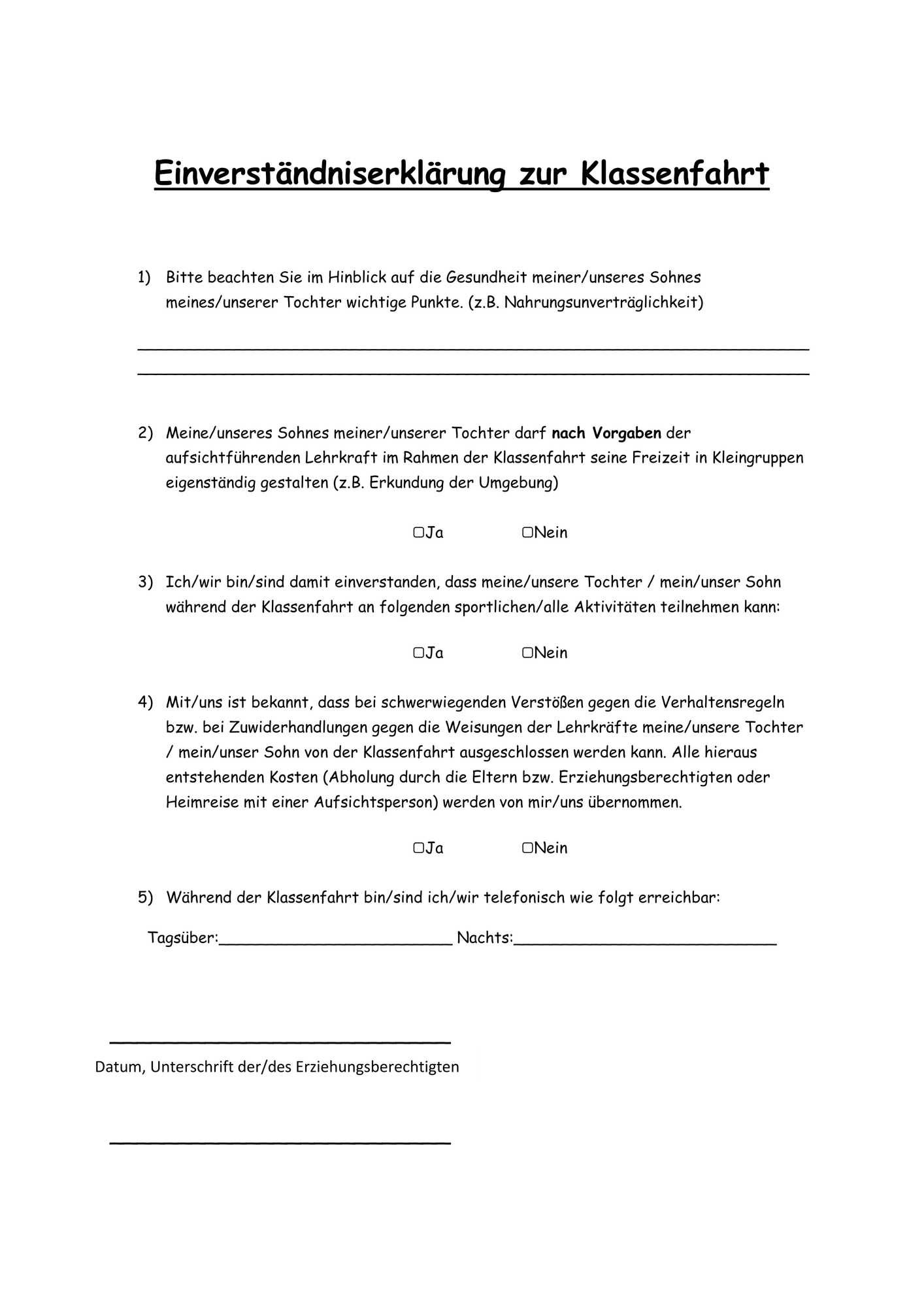 Einverstandniserklarung Klassenfahrt Muster