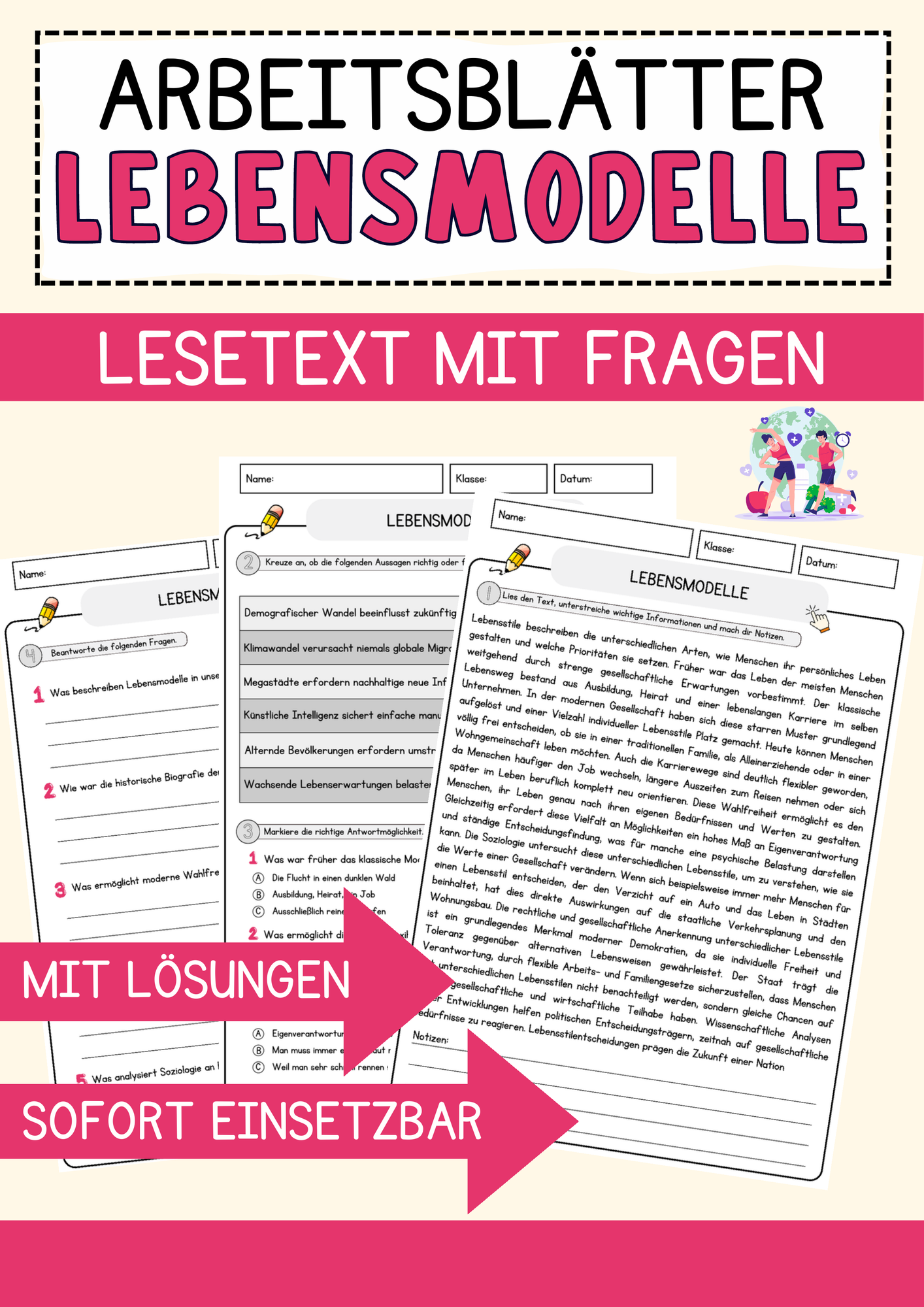 Lebensmodelle Arbeitsblätter mit Fragen + Lösungen Lesetext ...