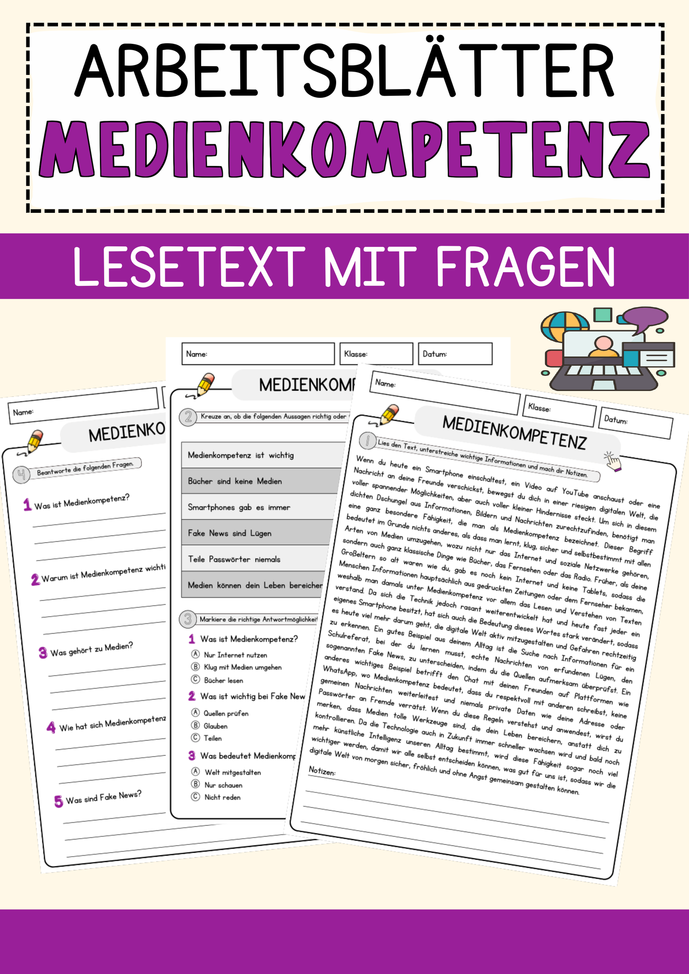 Medienkompetenz Arbeitsblätter mit Fragen + Lösungen Lesetext ...